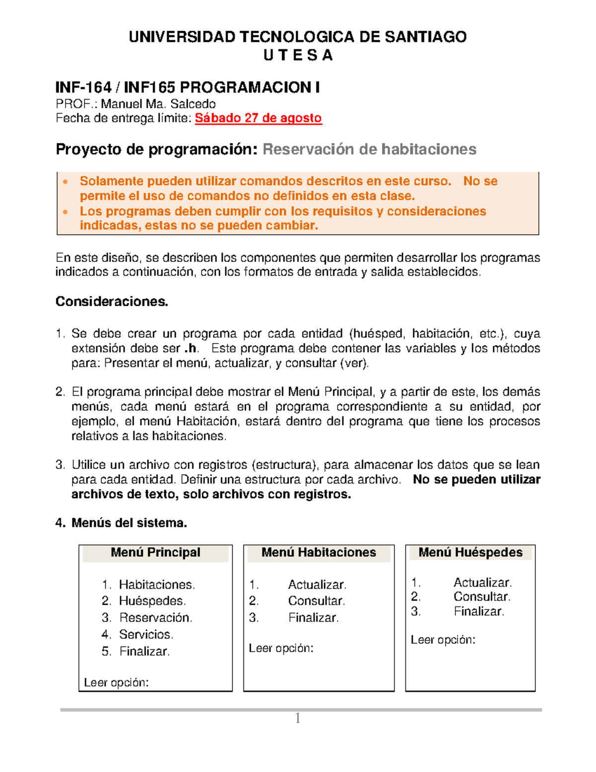 Programaci Ã³n I Proyecto - UNIVERSIDAD TECNOLOGICA DE SANTIAGO U T E S A INF-164 / INF165 - Studocu