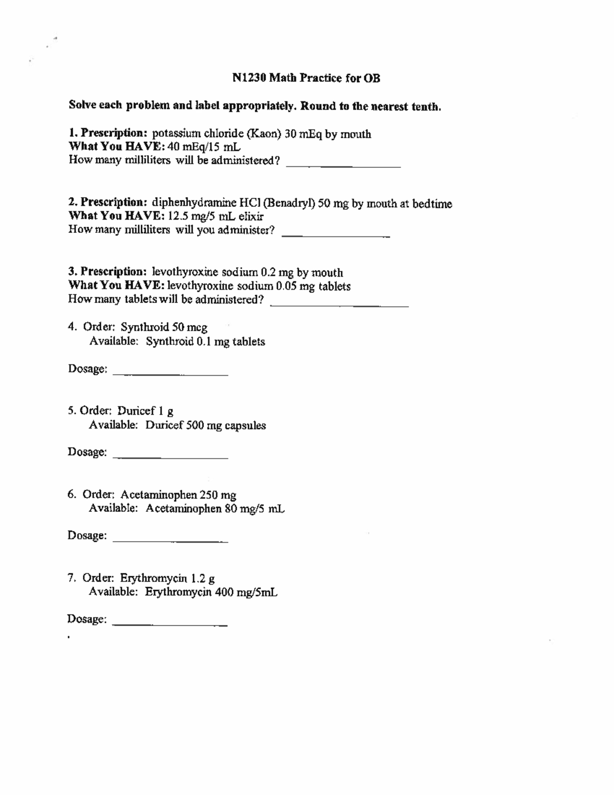 Ob math 2 side - Dosage Calculation - N1230 Math Practice for OB Solve ...