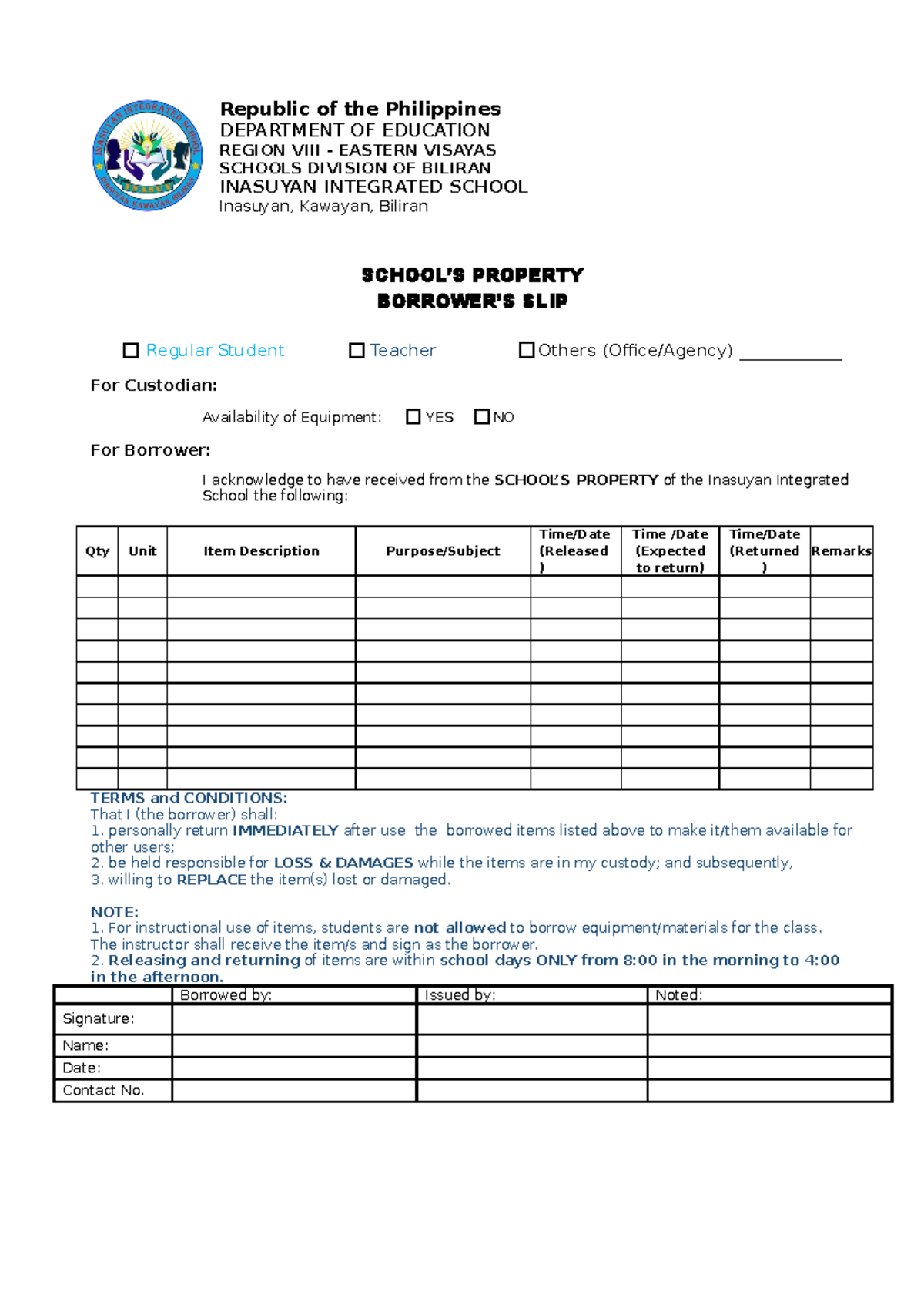 Borrower's Slip Template for School's Property Management - Studocu