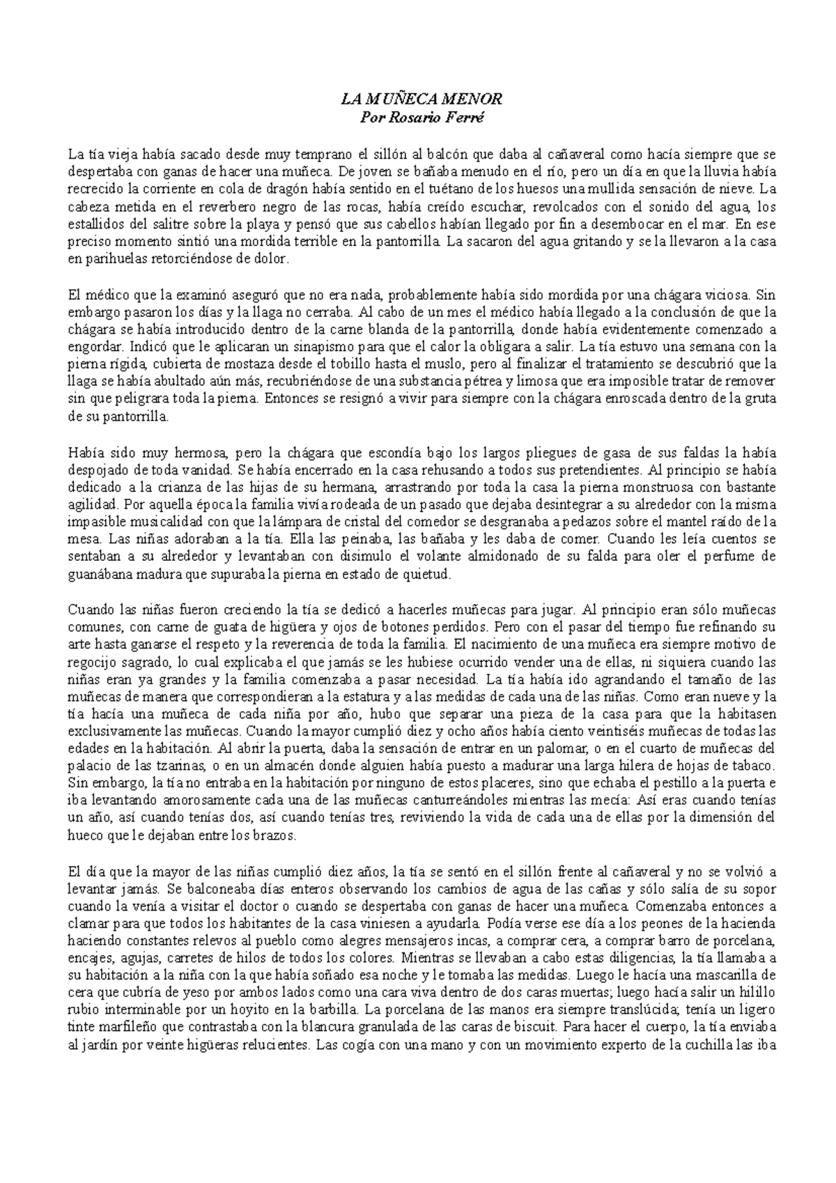 La Muñeca Menor: Análisis de la Obra de Rosario Ferré - Studocu
