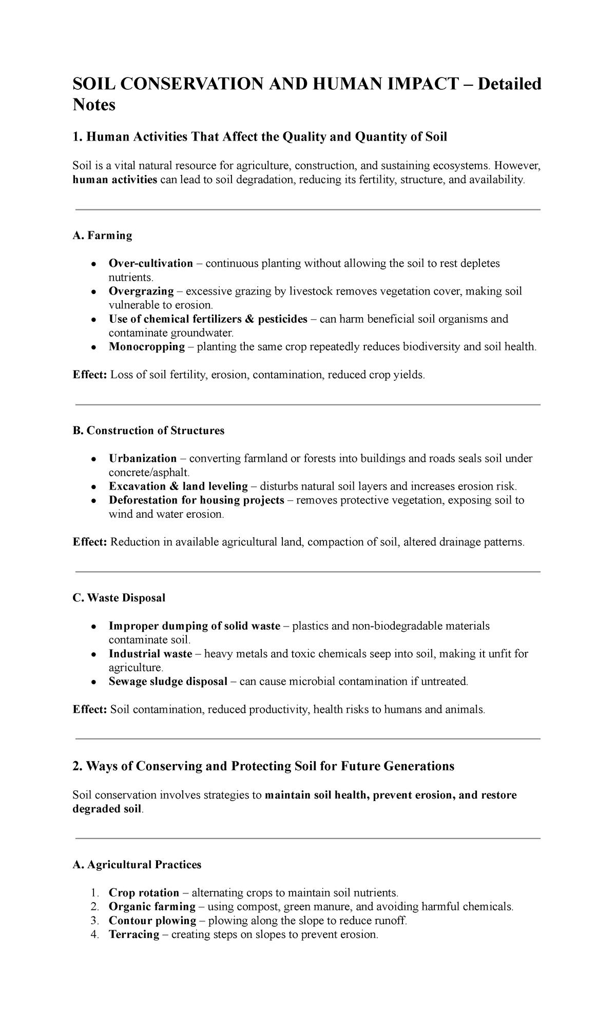 Soil Conservation and Human Impact: Detailed Study Notes - Studocu