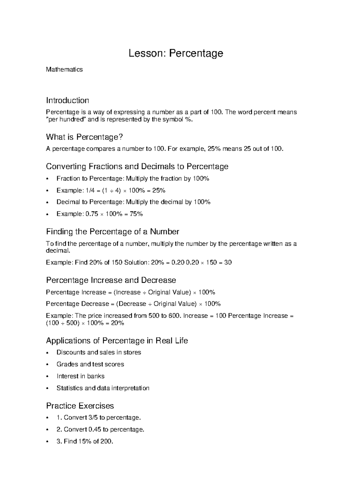 Percentage Mathematics Lesson: Introduction to Percentages - Studocu