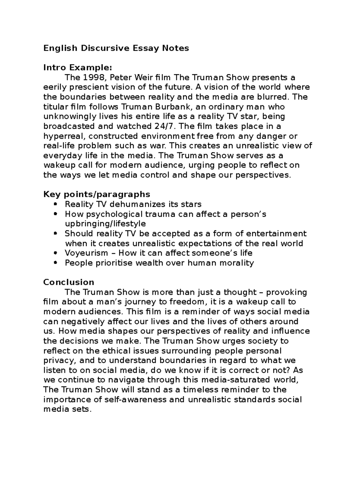 ENG 101 Discursive Essay Notes: Analyzing The Truman Show - Studocu