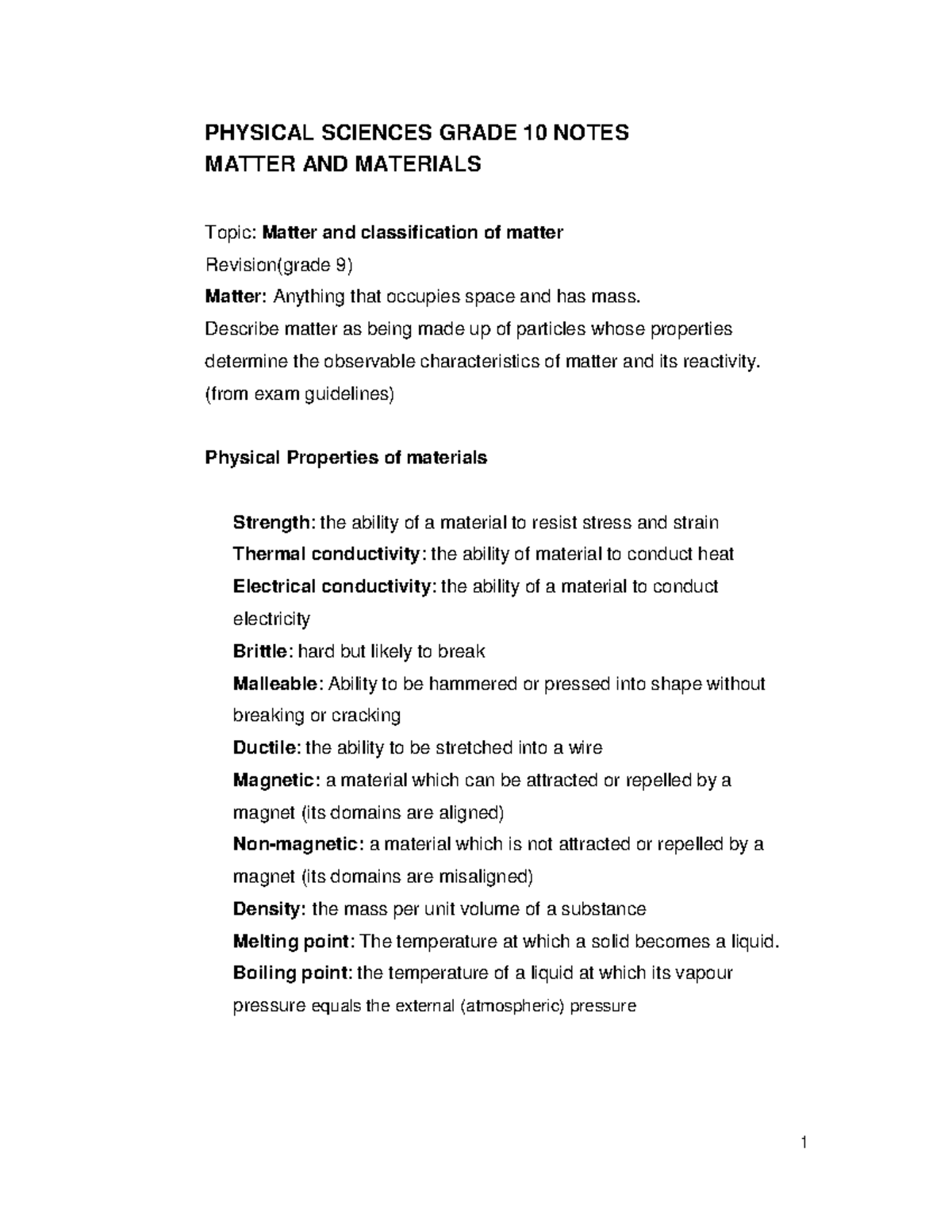 Grade 10 Physical Sciences Notes: Matter, Properties & Classifications ...