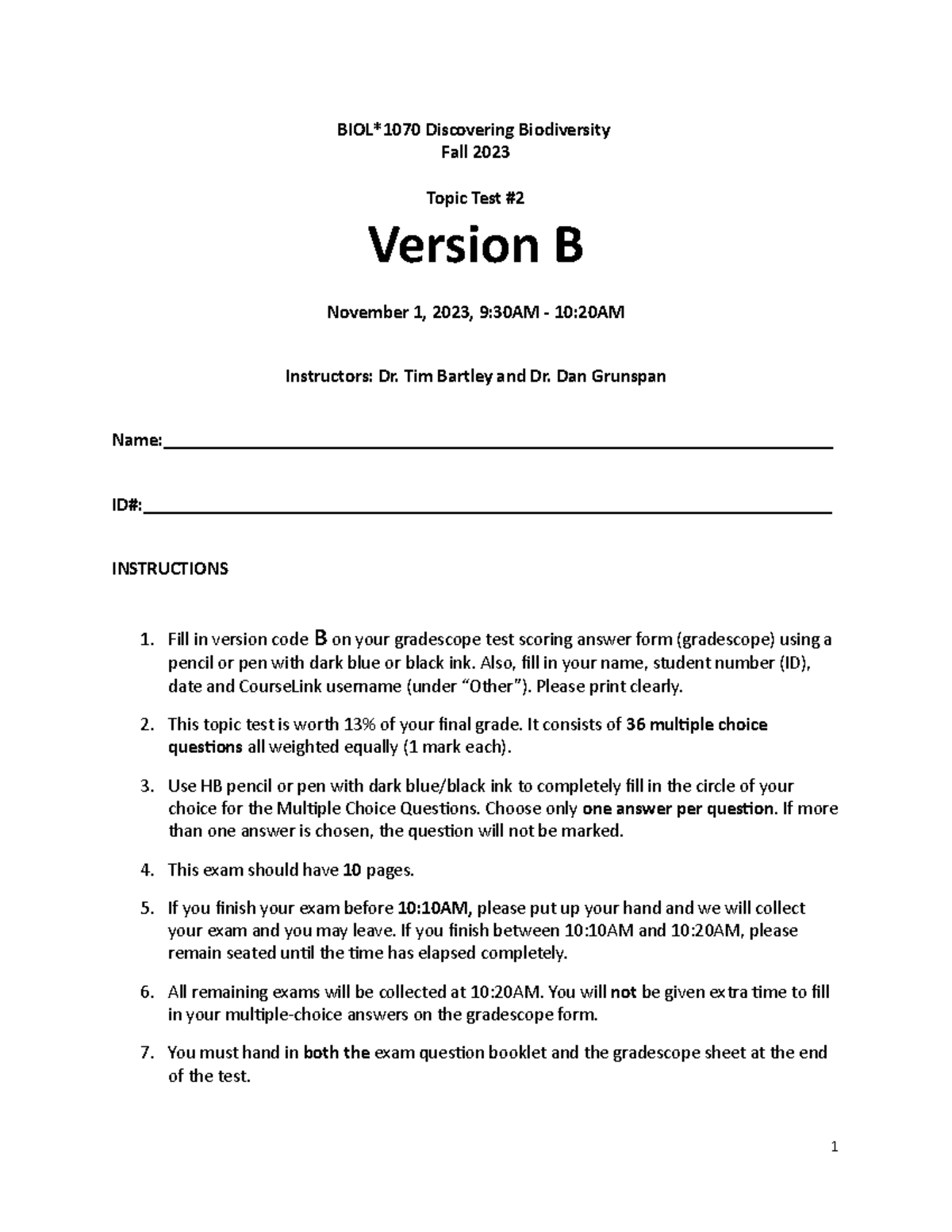 F23 - BIOL 1070 - Topic Test 2 - Version B - Biodiversity Insights ...