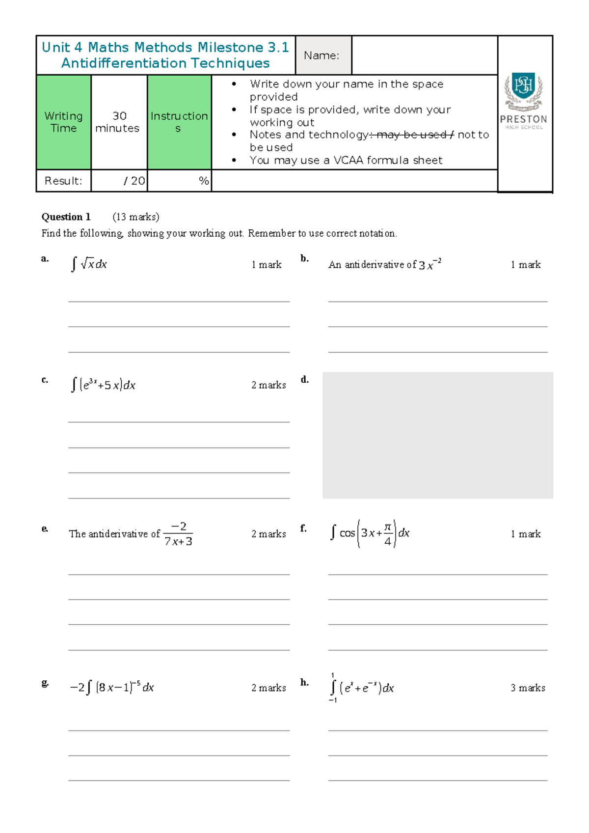 2024 Maths Methods Unit 4 Milestone 3.1 Antidifferentiation Techniques ...