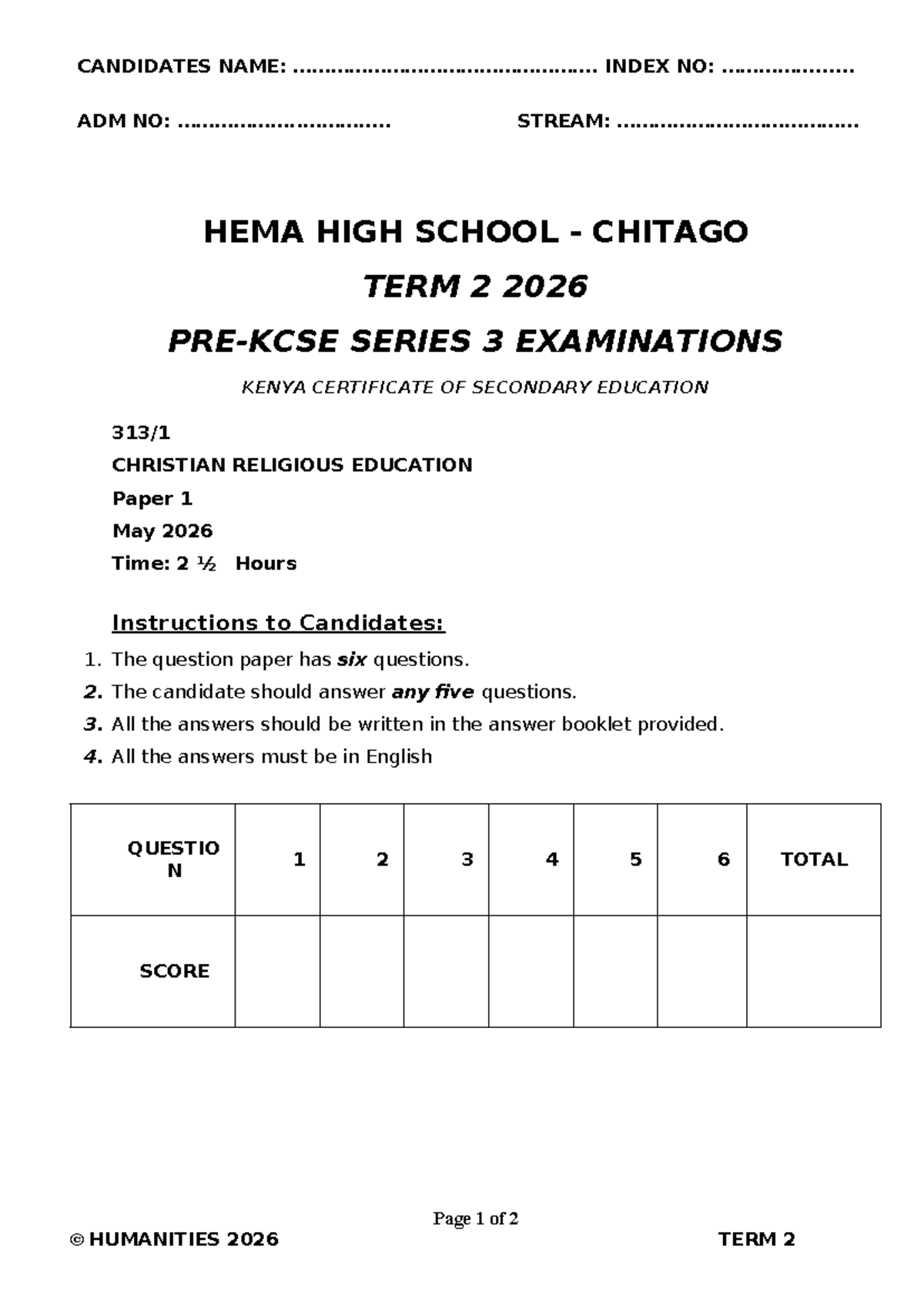 FORM 4 PP1 CRE T2 - Study Questions for May 2026 Exam - Studocu