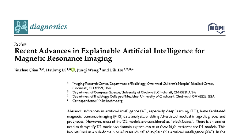 Recent Advances in XAI for MRI: A Comprehensive Review (Diagnostics ...