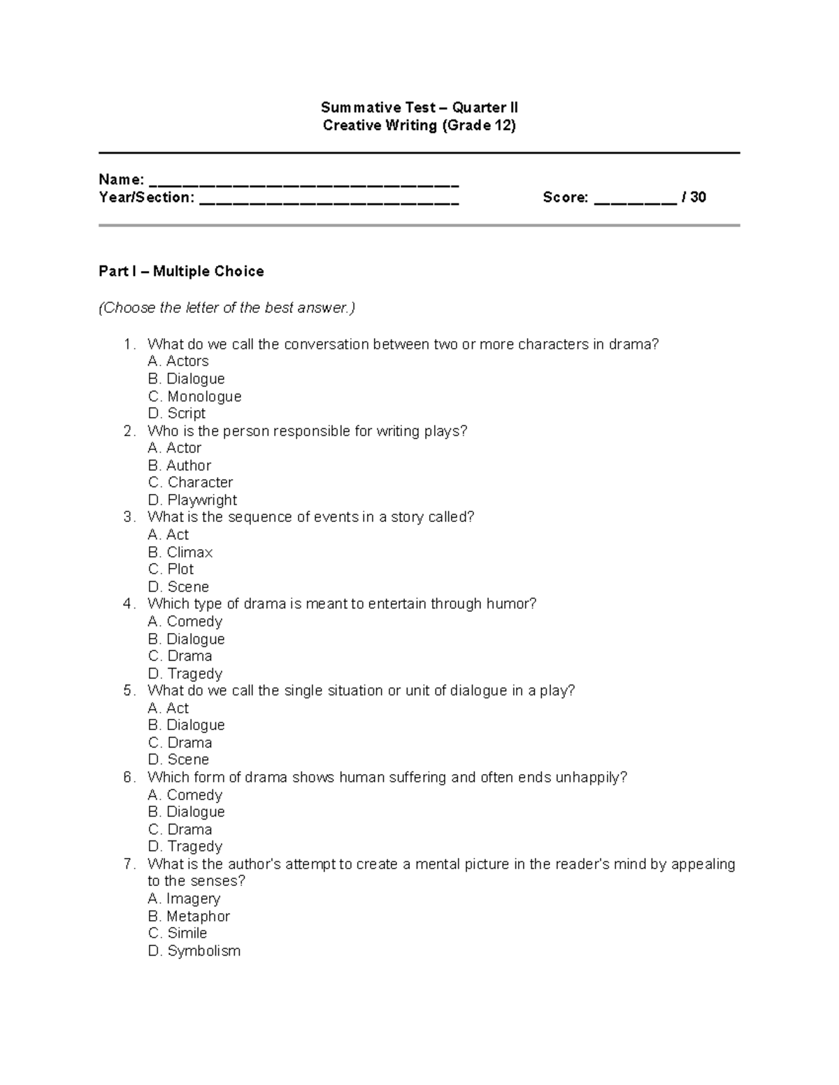 Summative Test Q2: Creative Writing (Grade 12) Multiple Choice - Studocu