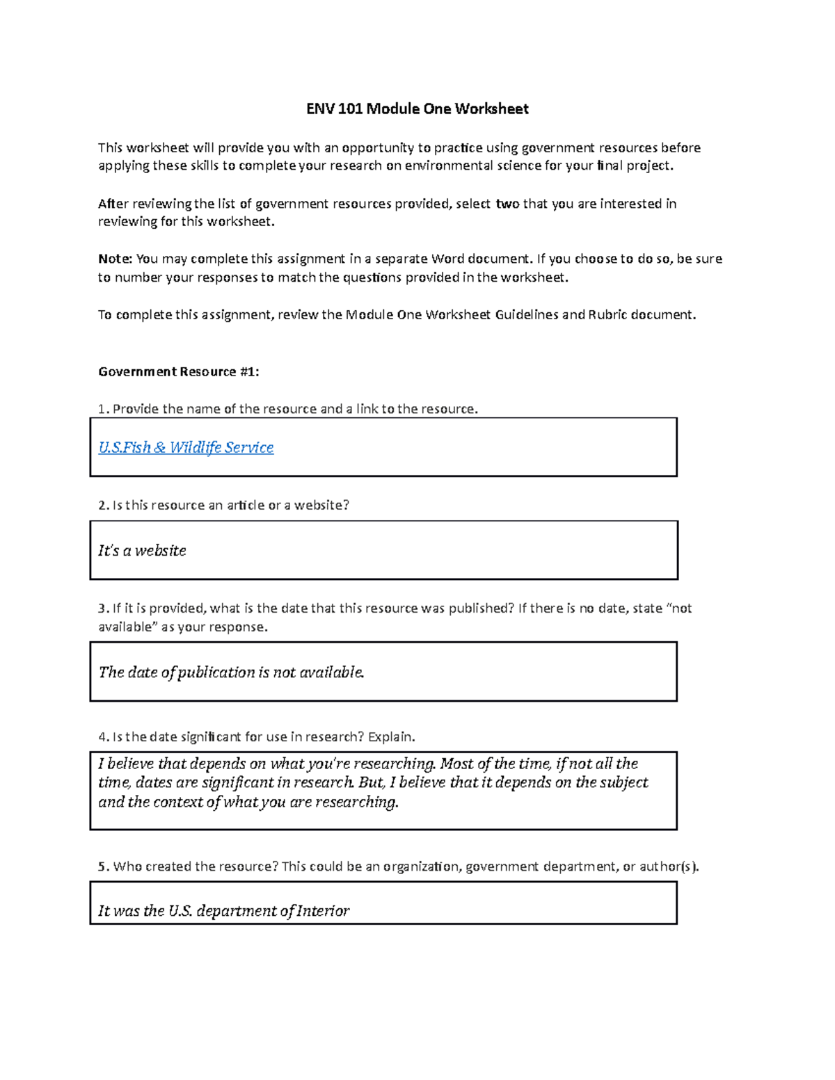 ENV 101 Module One Worksheet - ENV 101 Module One Worksheet This ...