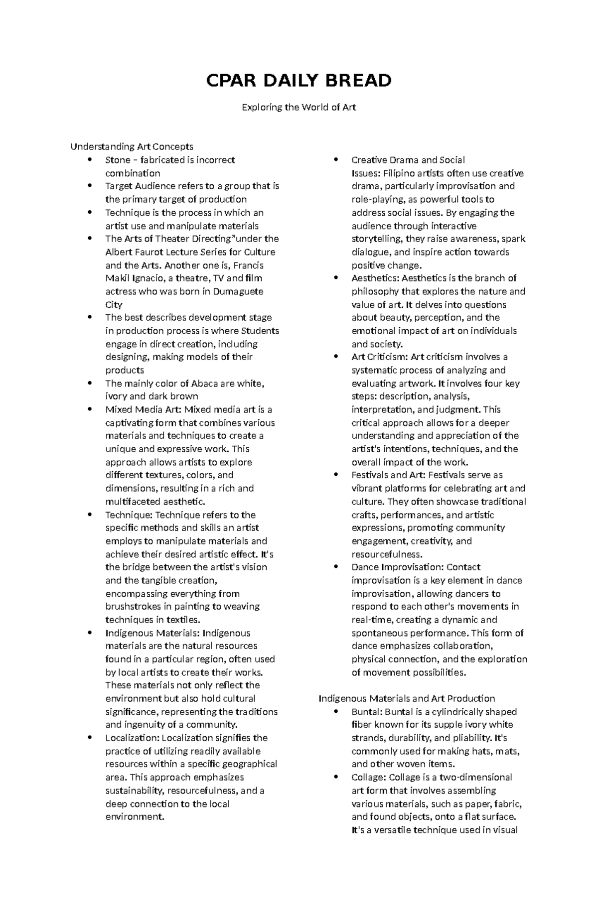 CPAR - Daily Bread: Exploring Art Concepts and Techniques - Studocu