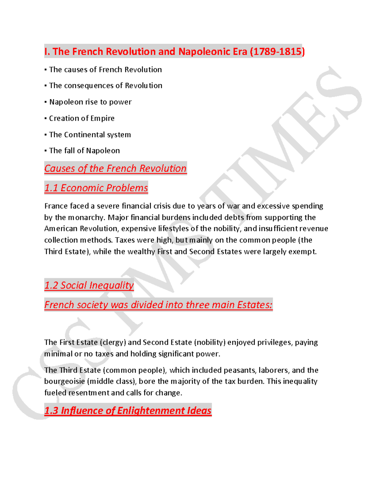 I. The French Revolution & Napoleonic Era (1789-1815): Causes ...