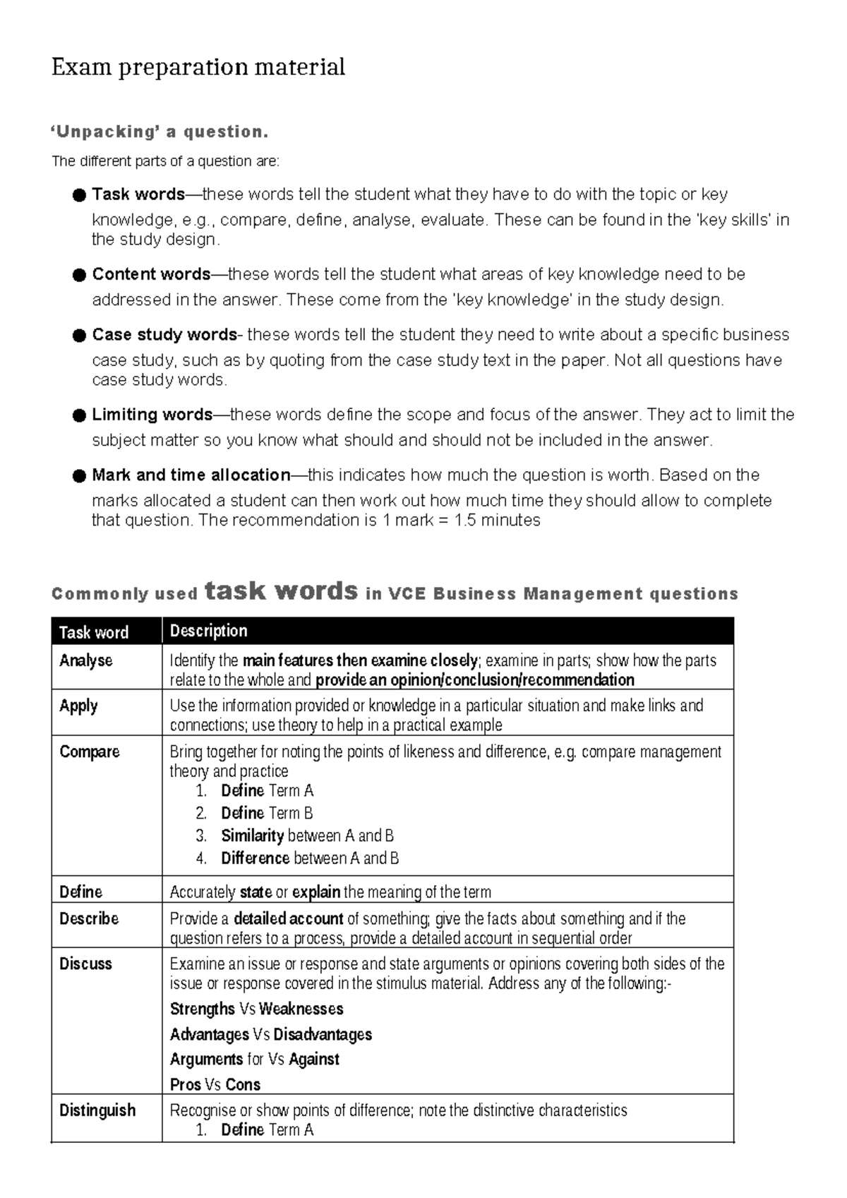 Unpacking task words in questions - Exam preparation material ...
