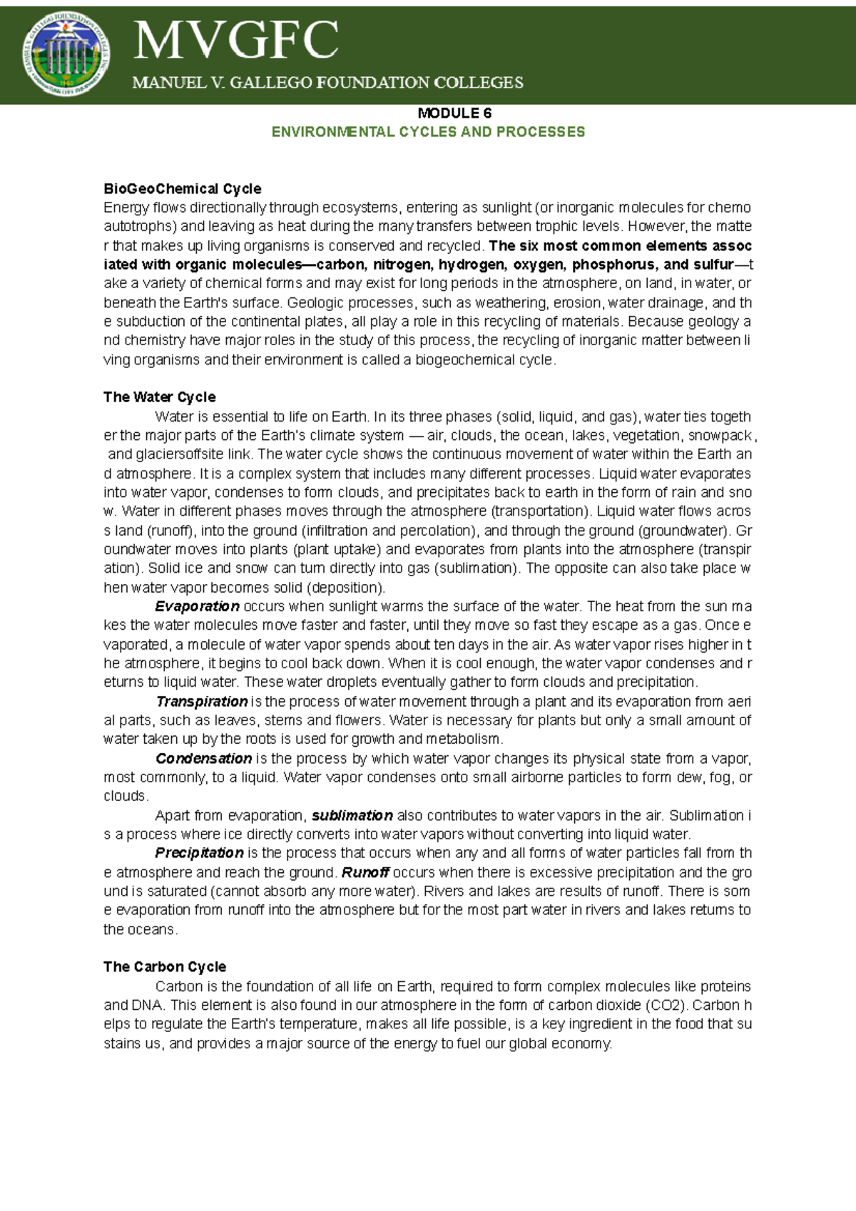 Module 6 and 7 reviewer - none - MODULE 6 ENVIRONMENTAL CYCLES AND ...