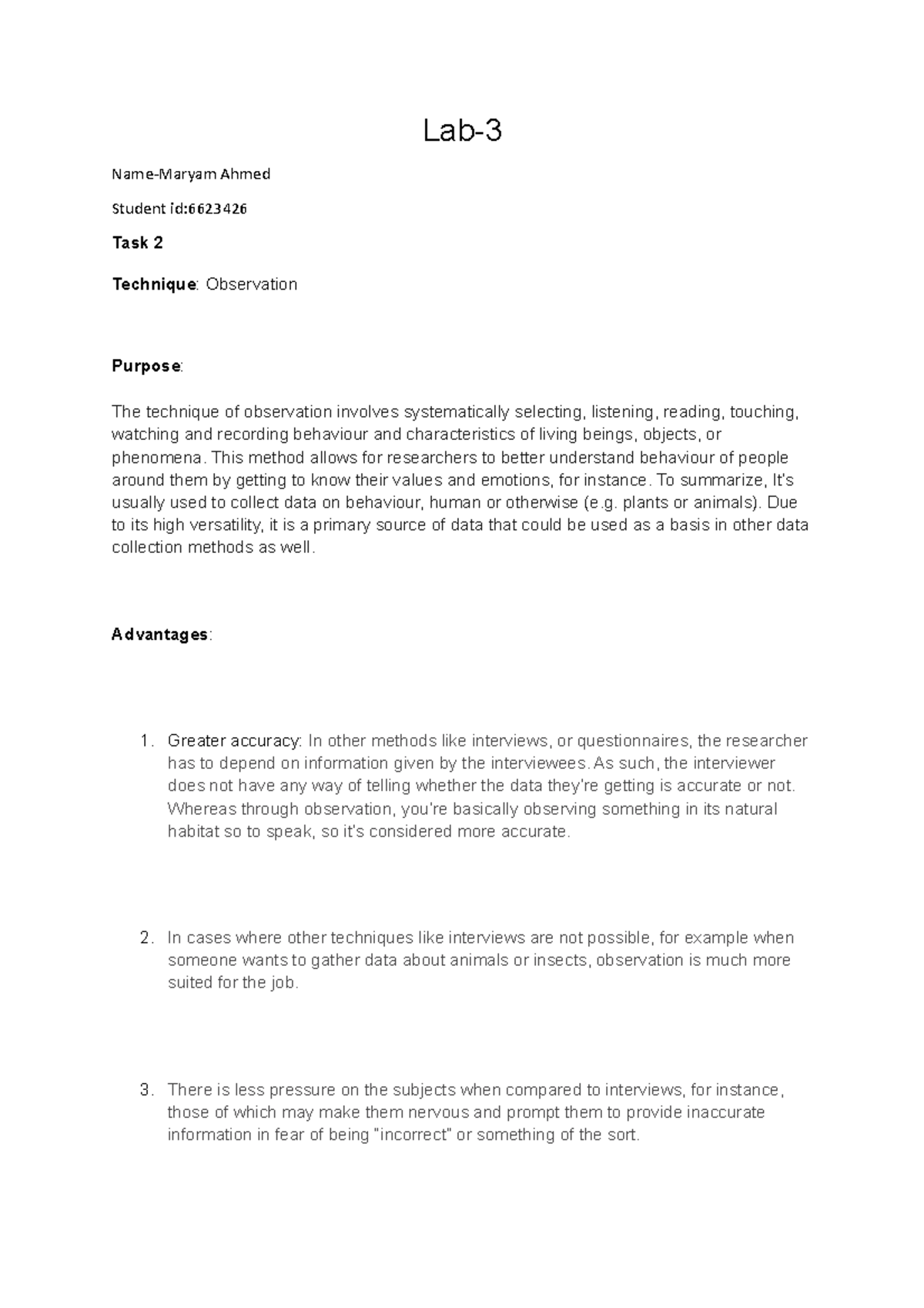 Lab3 6623426 - Observation Technique Overview for CSIT 226 Exam - Studocu