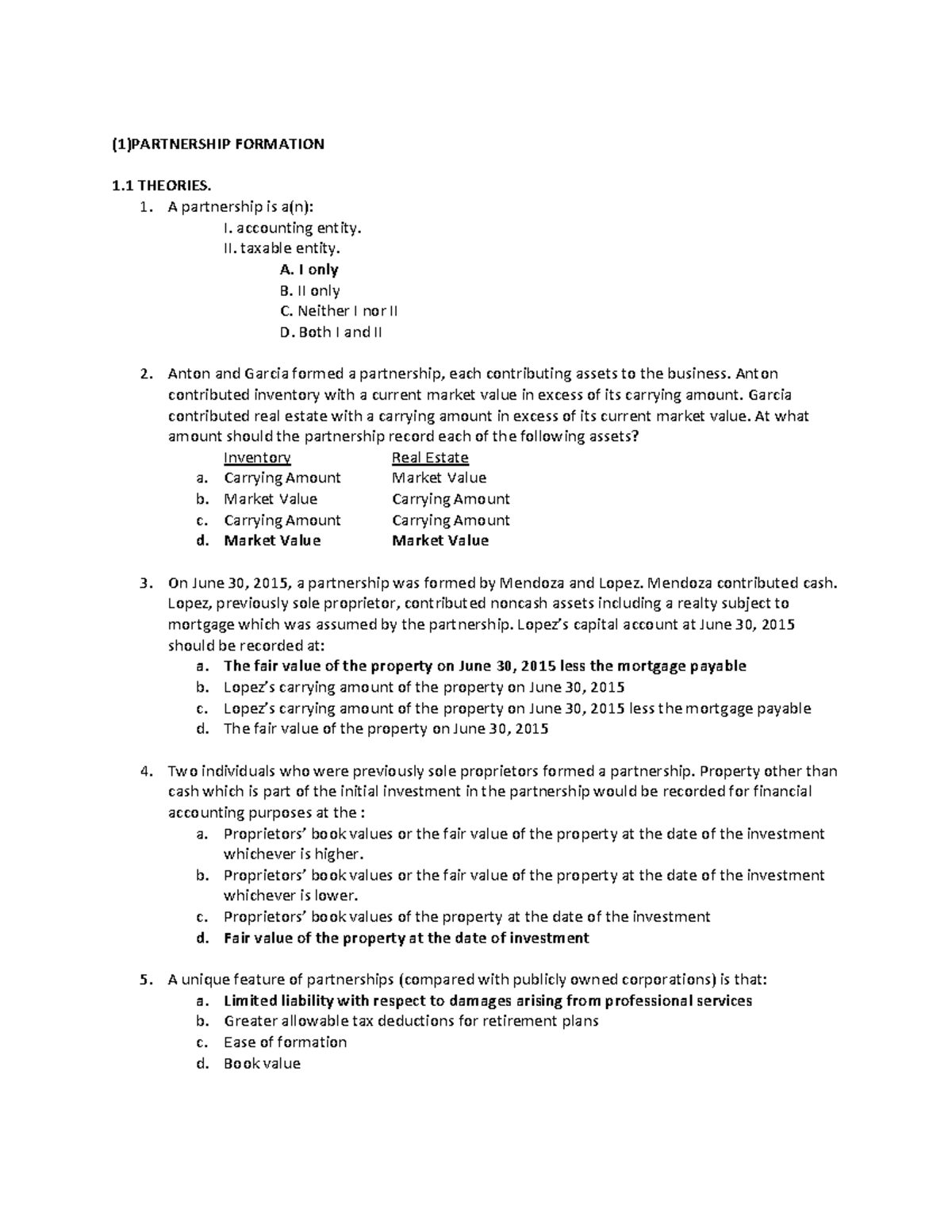 Partnership Formation MCQs and Problems (ACCT 101) - Studocu