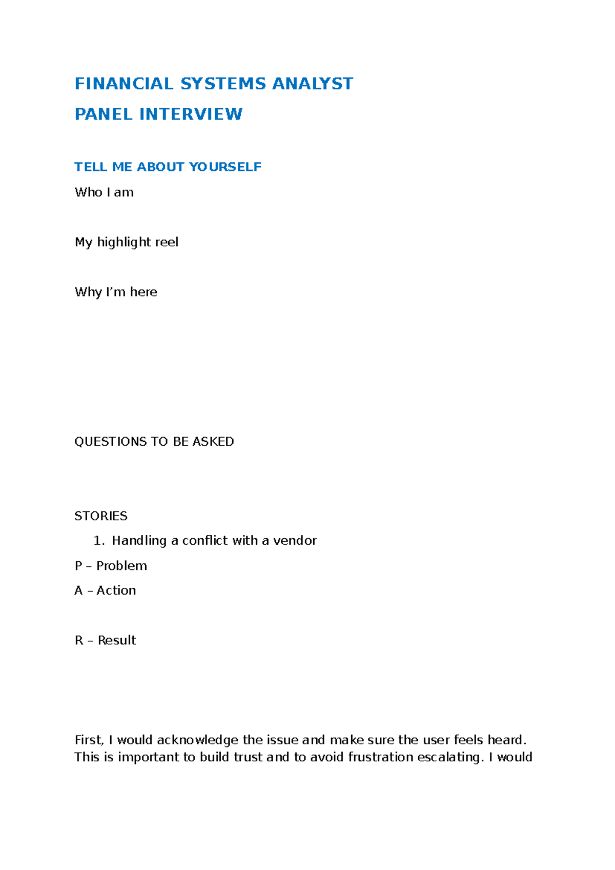 FIN 301: Panel Interview Prep - Tell Me About Yourself - Studocu