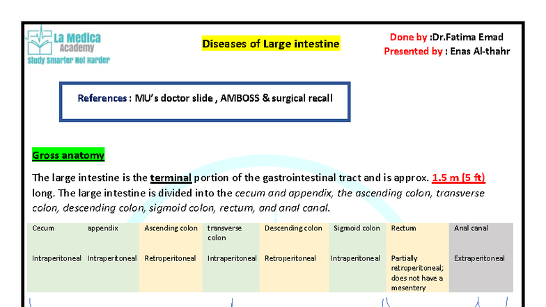 Diseases of Large Intestine: Surgical Lecture (Course Code: 1-LI) - Studocu