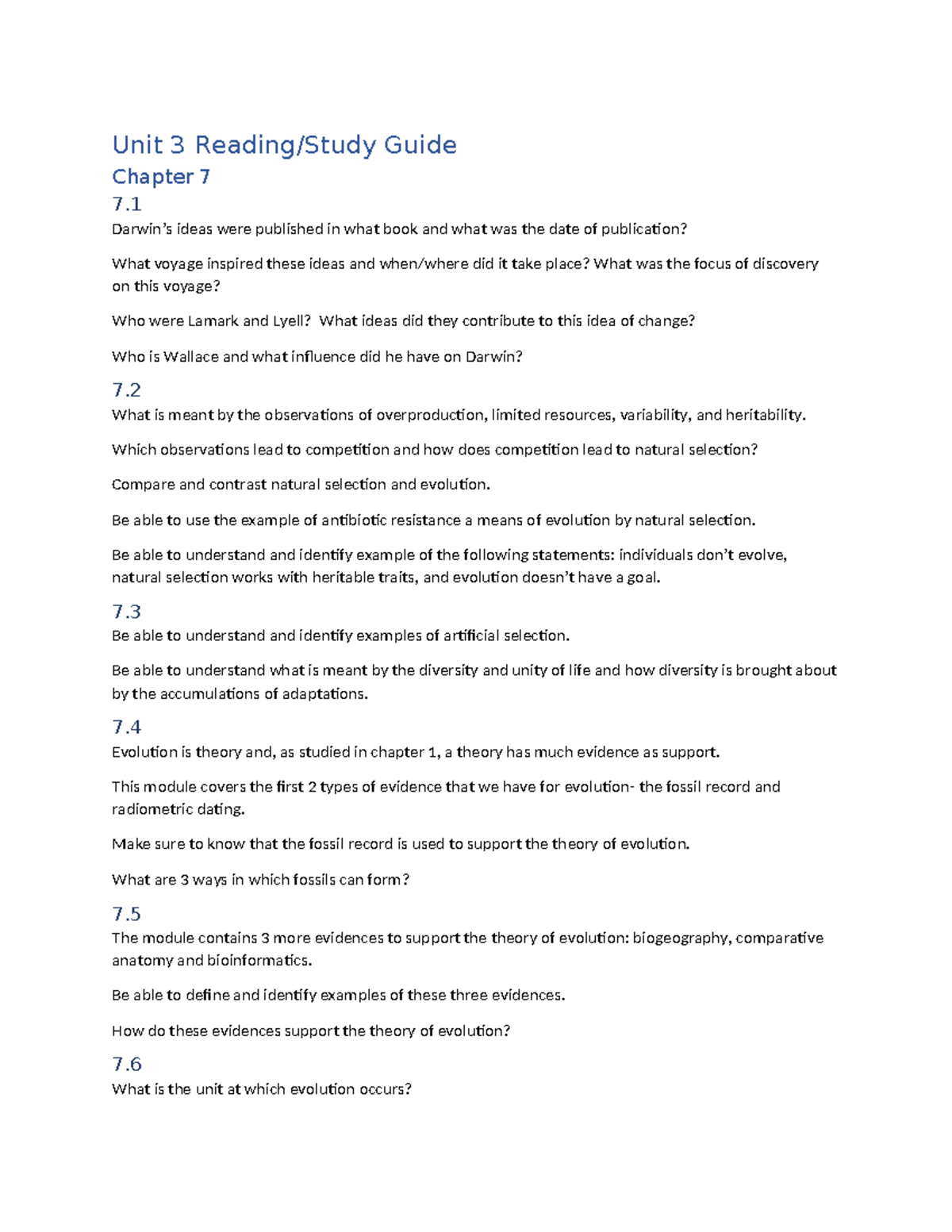 Unit 3 Study Guide: Key Concepts in Evolution and Speciation - Unit 3 ...