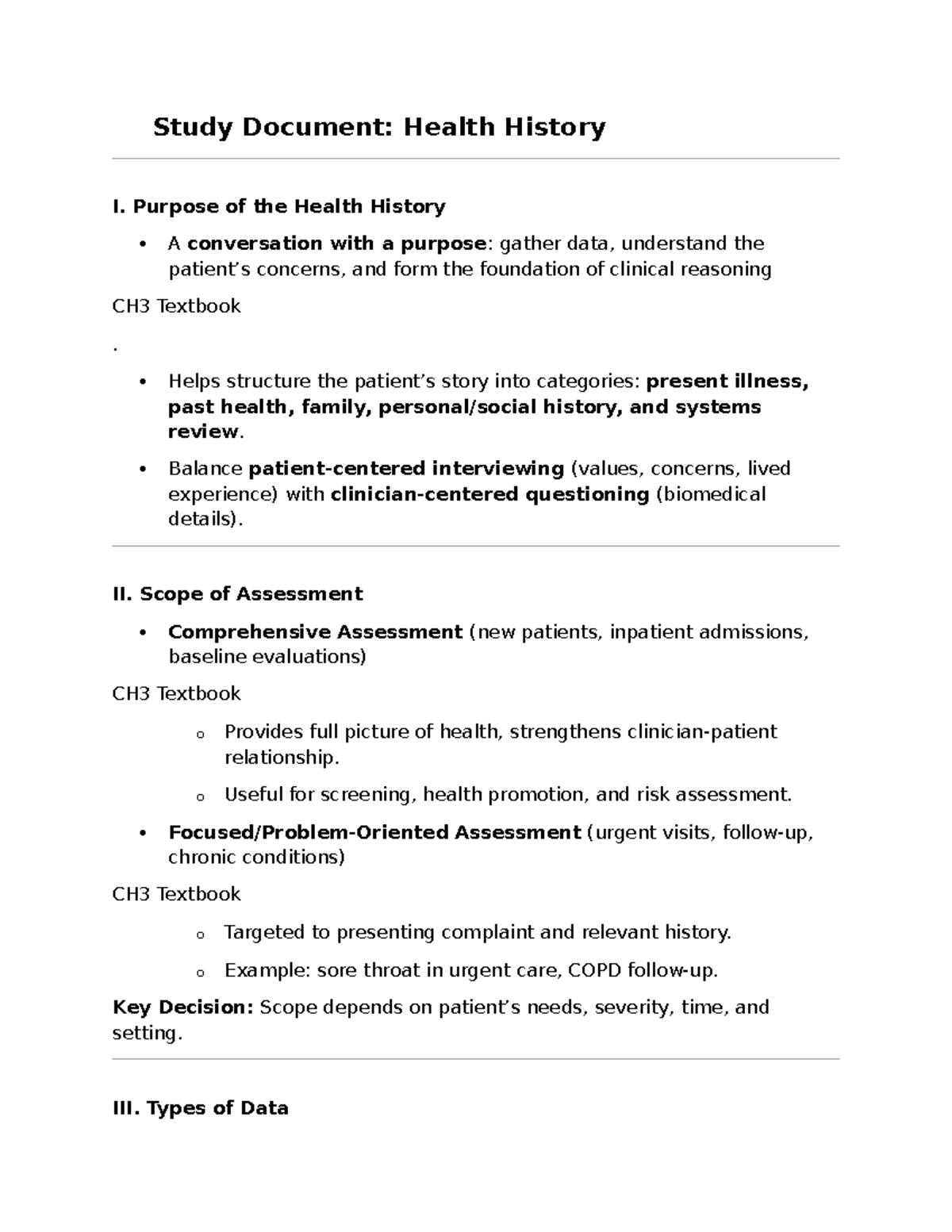 Health History I: Comprehensive Assessment & Documentation CH3 Textbook ...