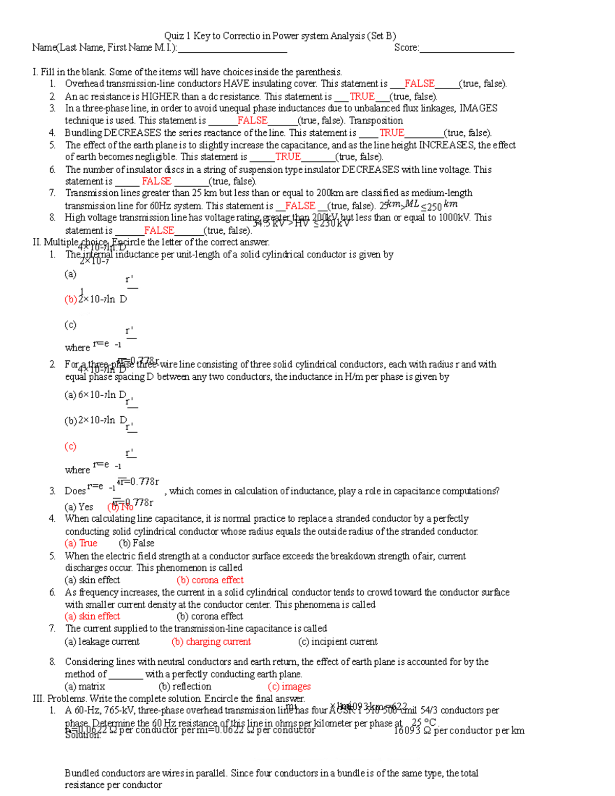 Quiz 1 Key for Power System Analysis (Set B) - Answer Key - Studocu