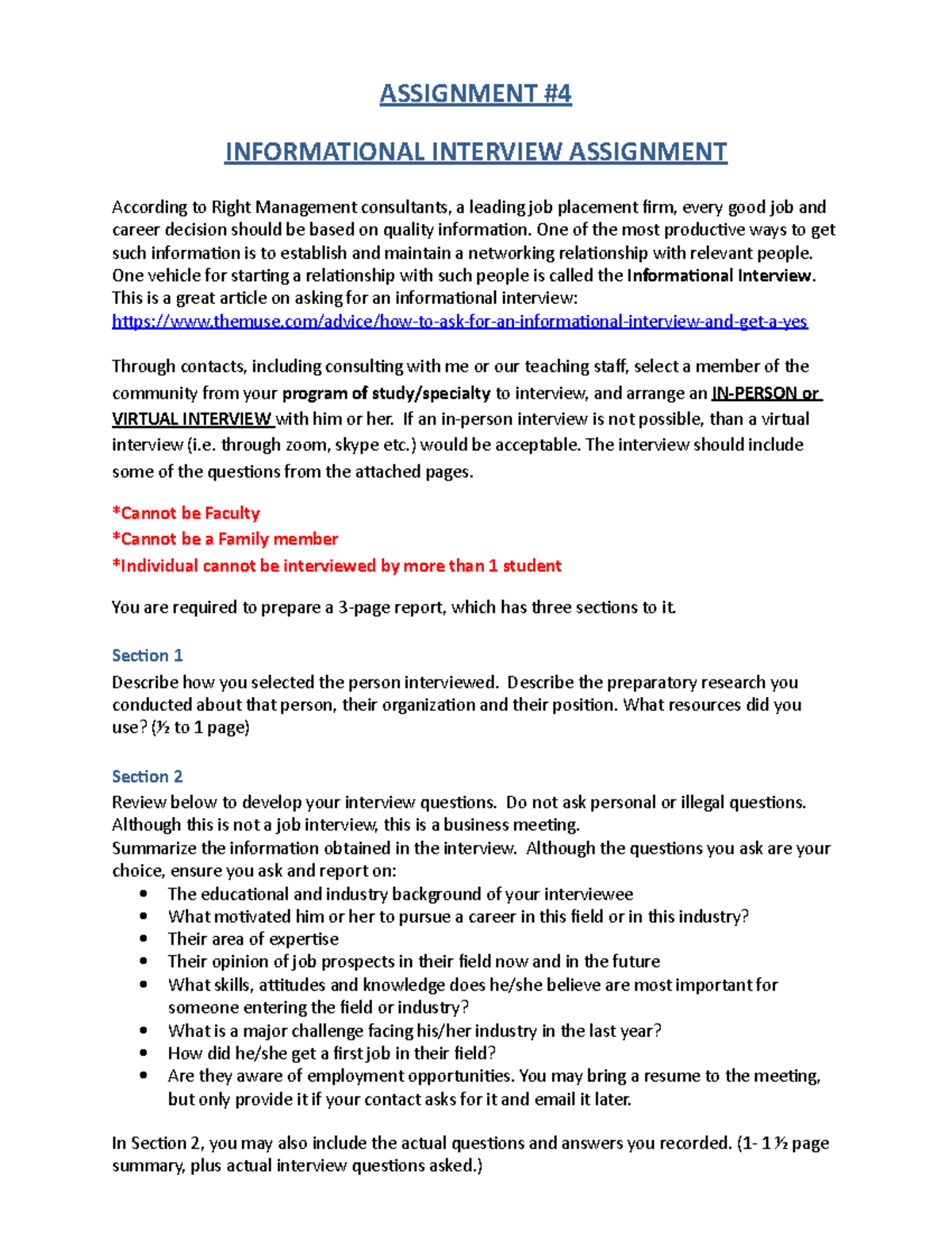 Assignment #4- Informational Interview - ASSIGNMENT INFORMATIONAL INTERVIEW ASSIGNMENT According ...