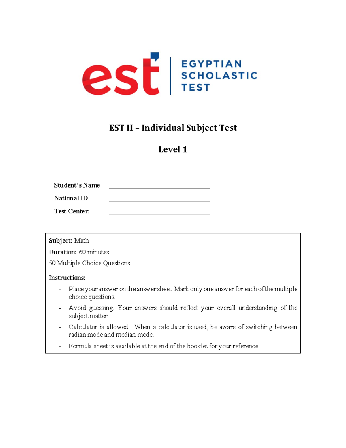 EST II Math Level 1 Test June 2021 - Multiple Choice Questions - Studocu