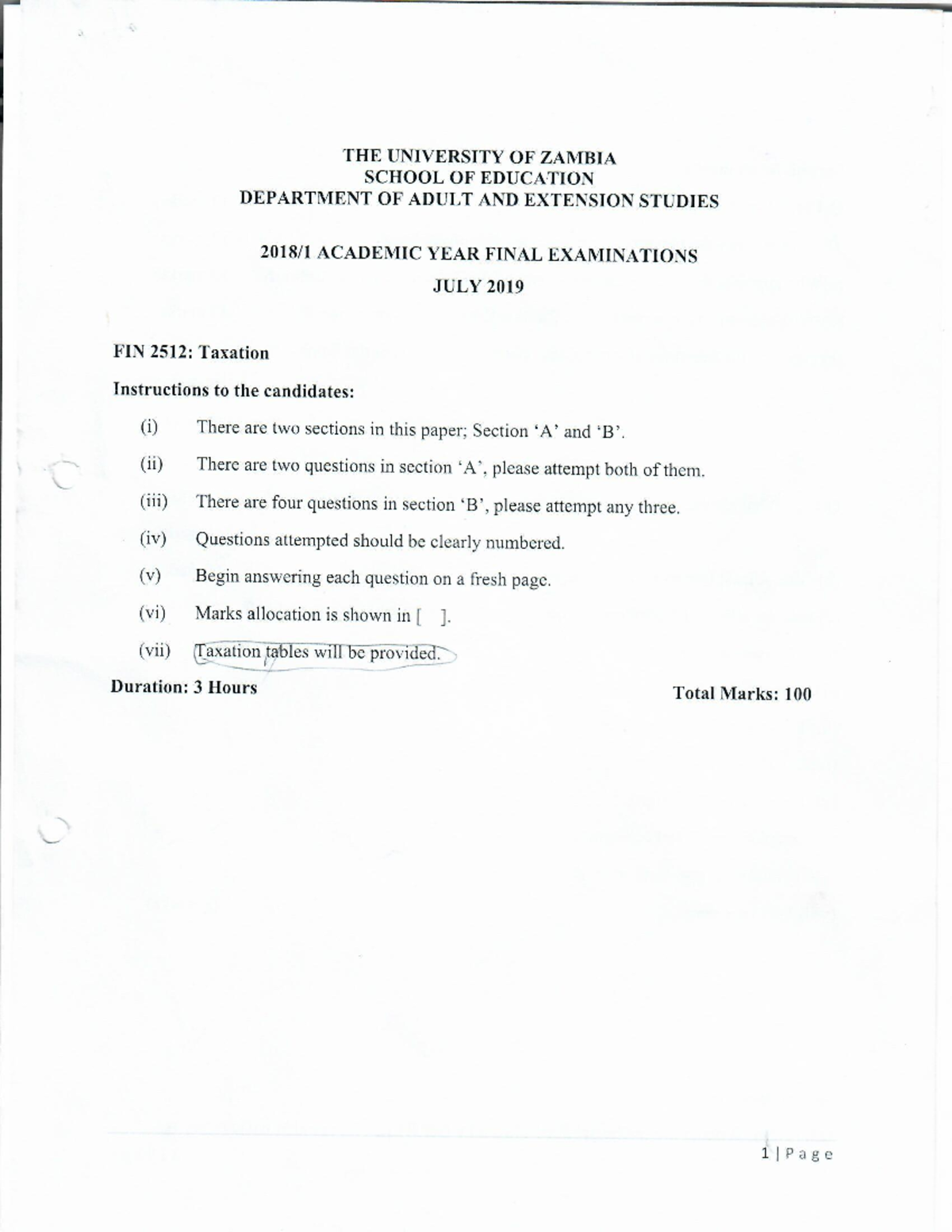 FIN 2512: Taxation Final Exam Past Papers - July 2019 - Studocu