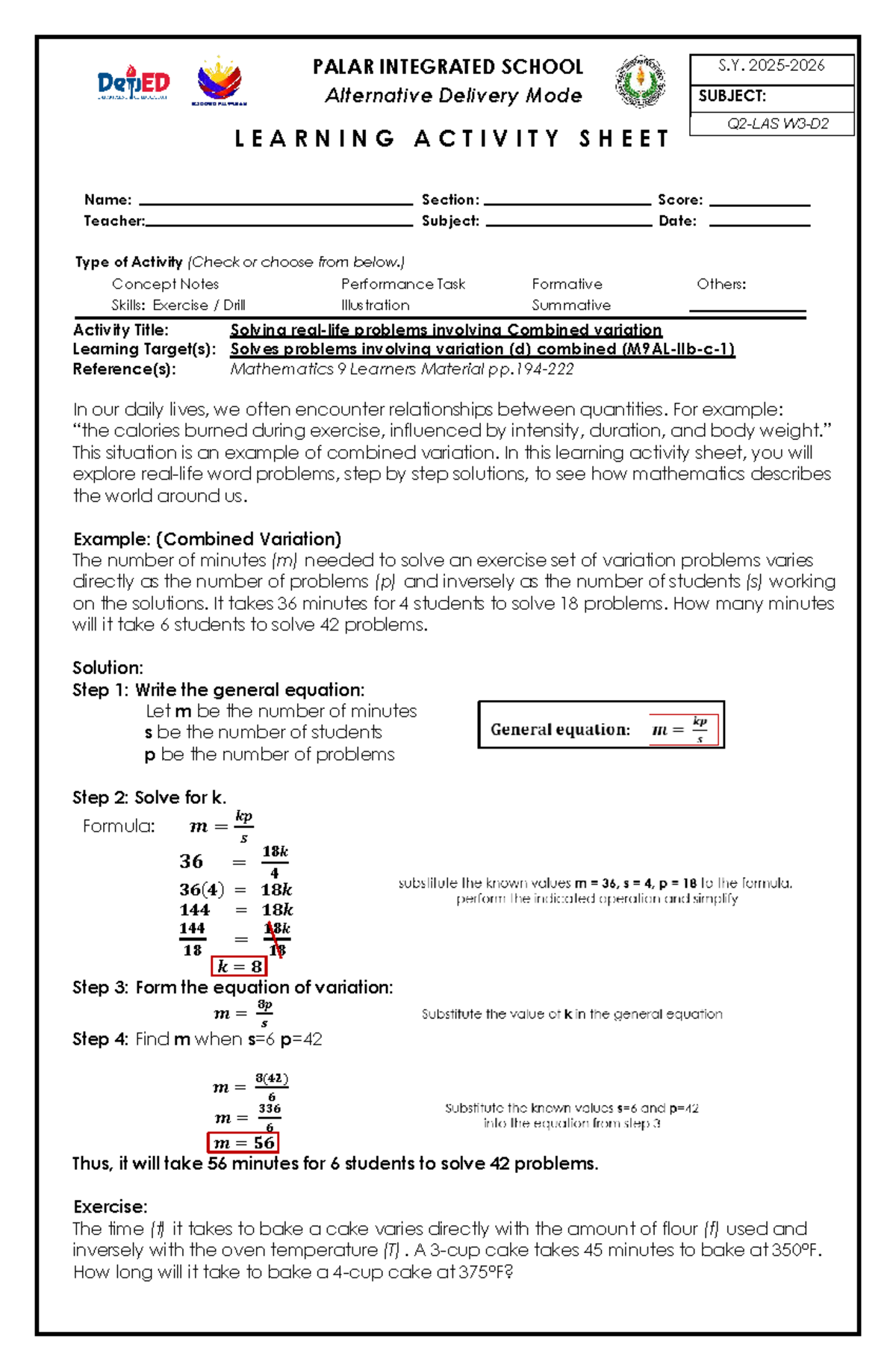 LAS MATH W3 D2 - Learning Activity Sheet on Combined Variation - Studocu