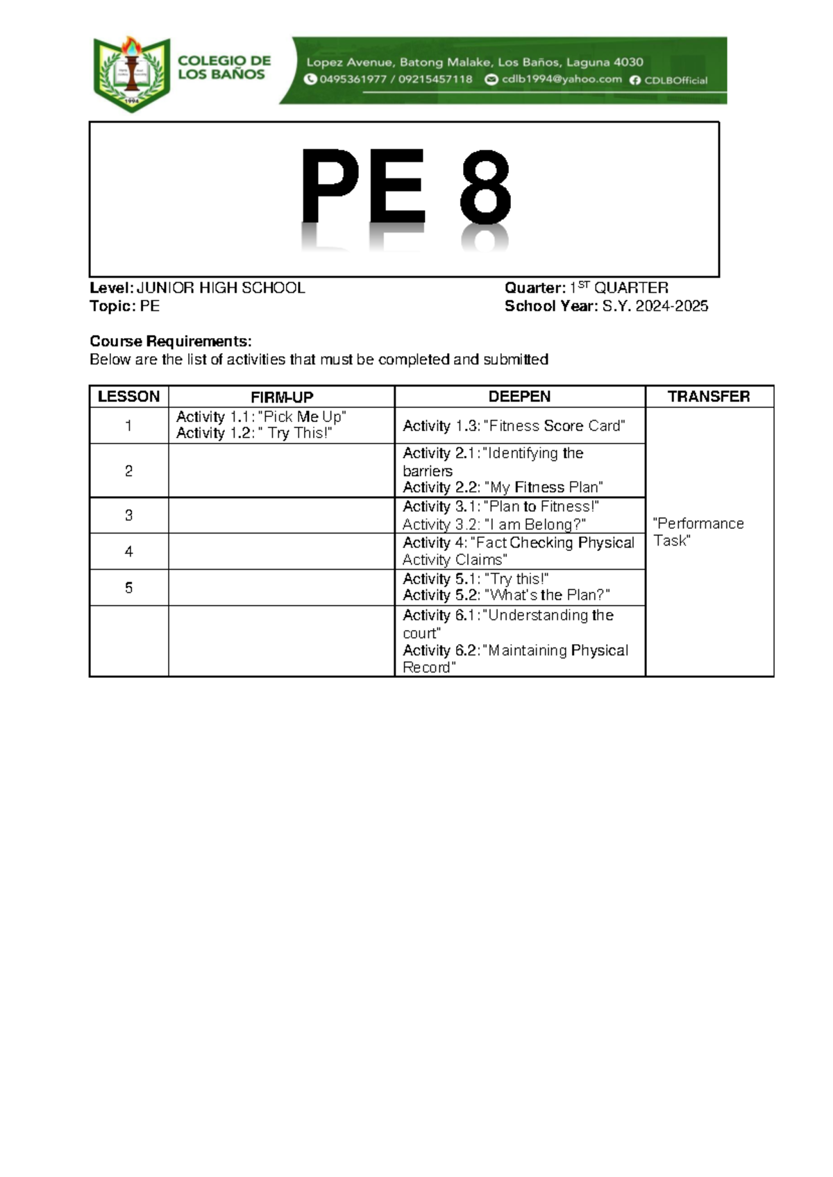 Quarter 1 PE 8 Module: Understanding Fitness & Overcoming Barriers ...