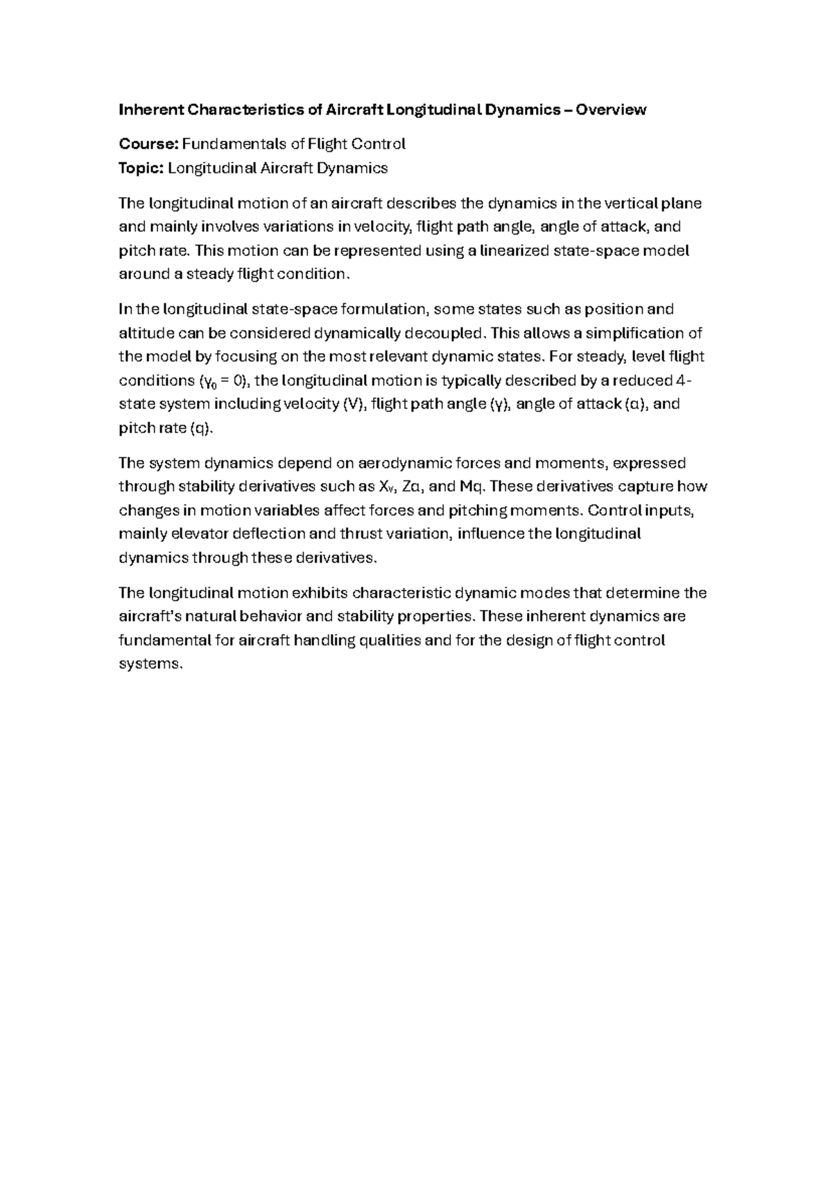 Fundamentals of Flight Control: Longitudinal Dynamics Overview - Studocu