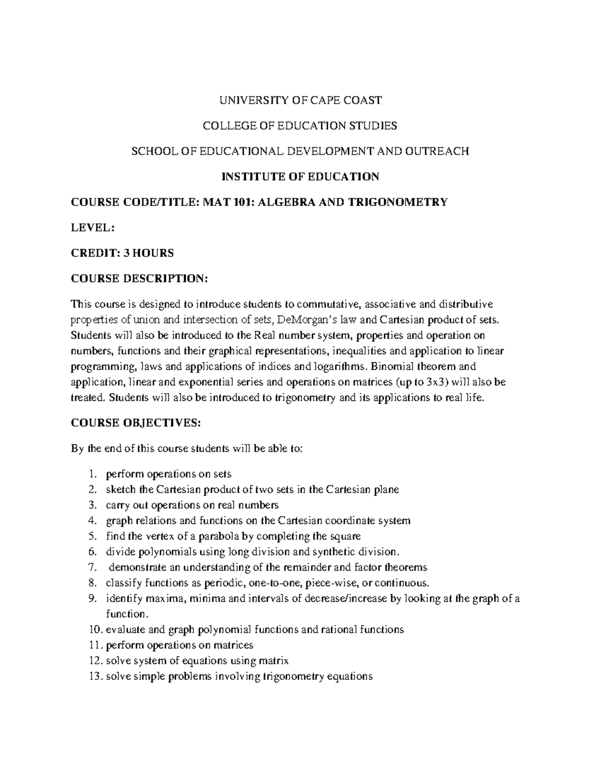 MAT 101: Algebra and Trigonometry Course Overview and Objectives - Studocu