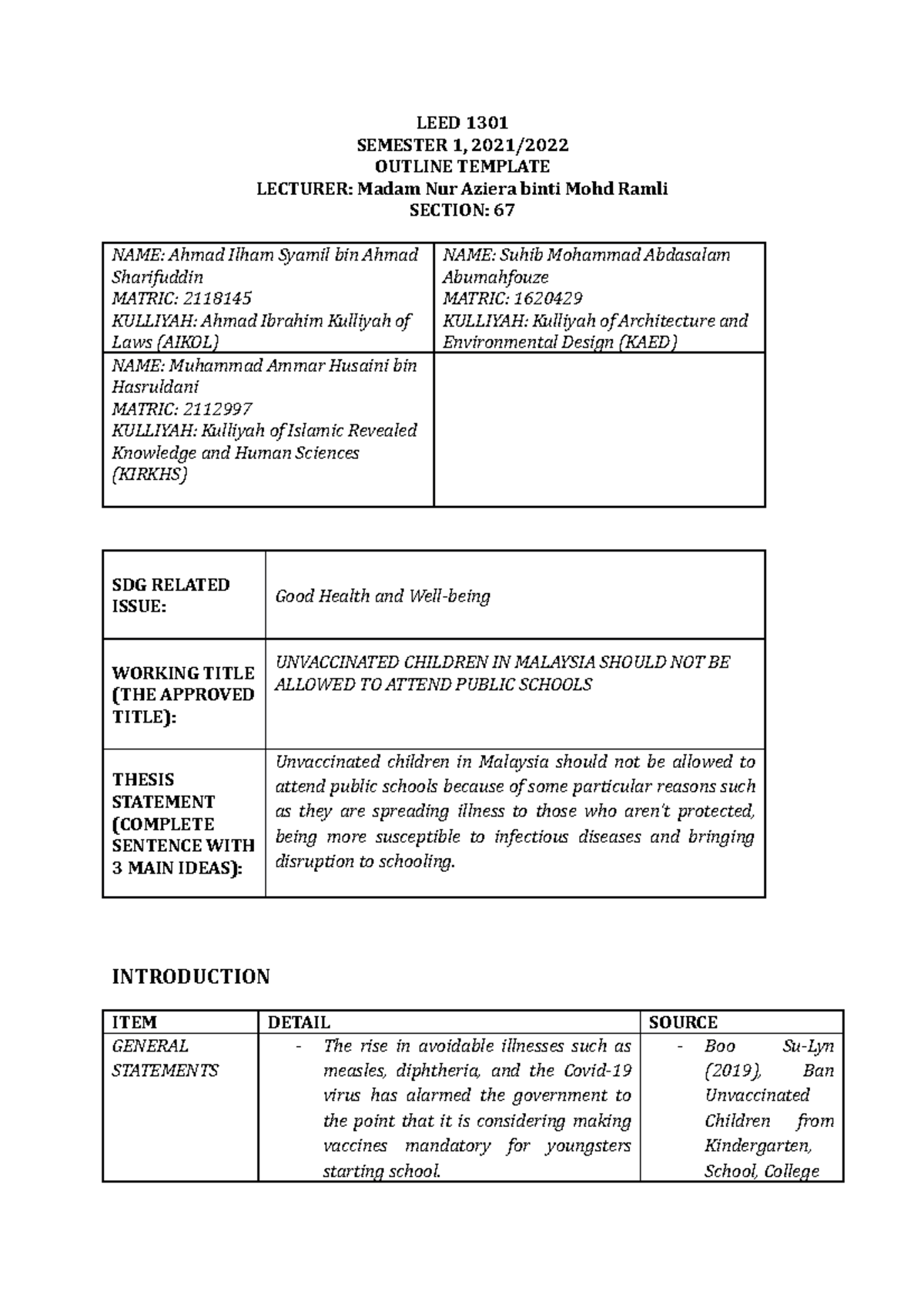 Group 3 Extended Essay Outline: Vaccination Policies in LEED 1301 - Studocu