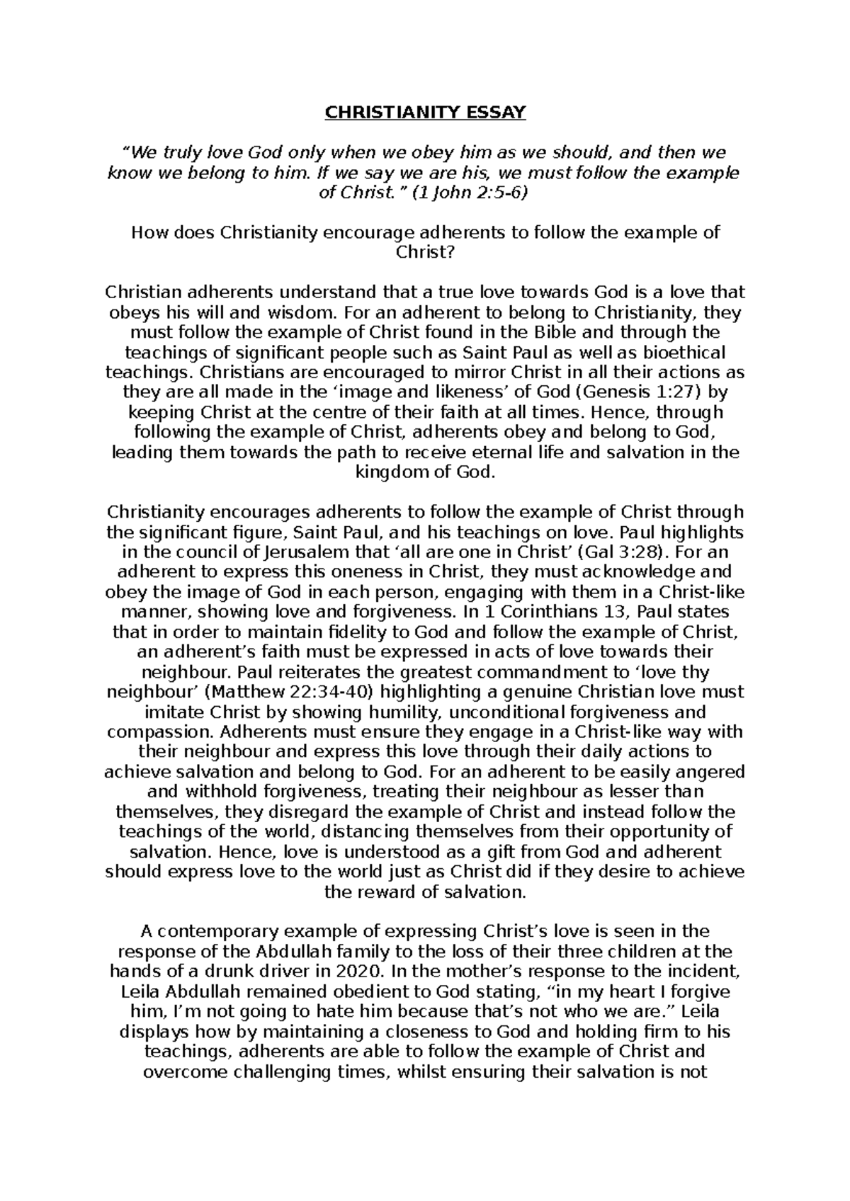 Christianity Essay: Following Christ's Example for Salvation - Studocu