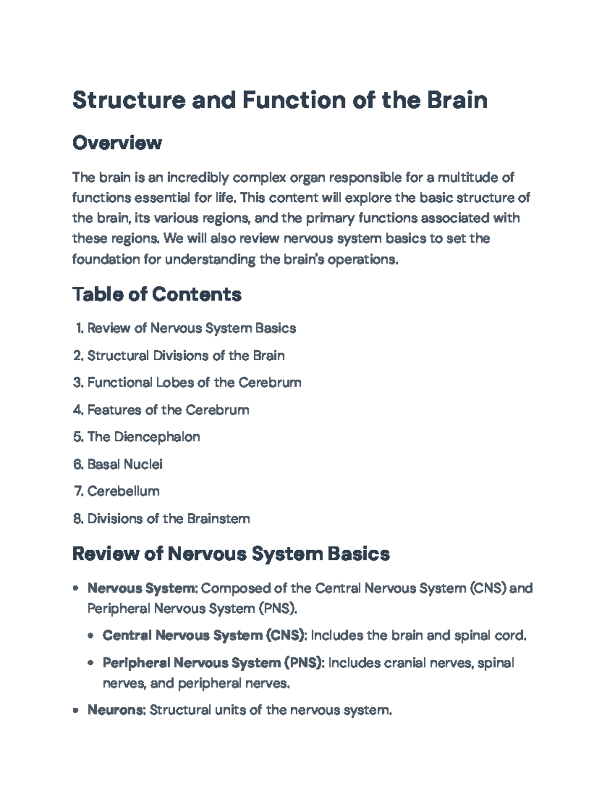 Structure and Function of the Brain: An In-Depth Overview - Structure ...