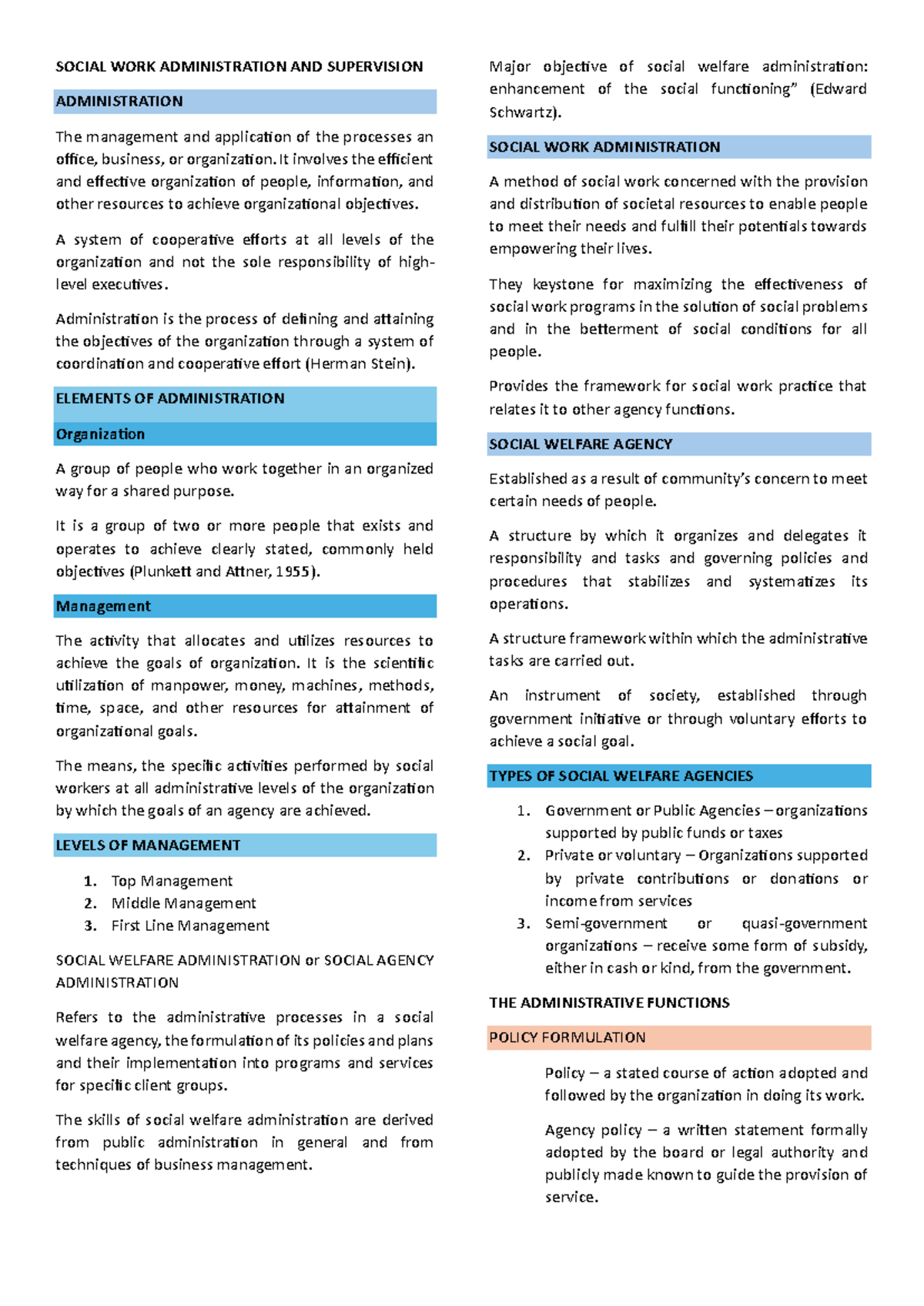 SOCIAL WORK ADMINISTRATION & SUPERVISION: Key Concepts and Functions ...