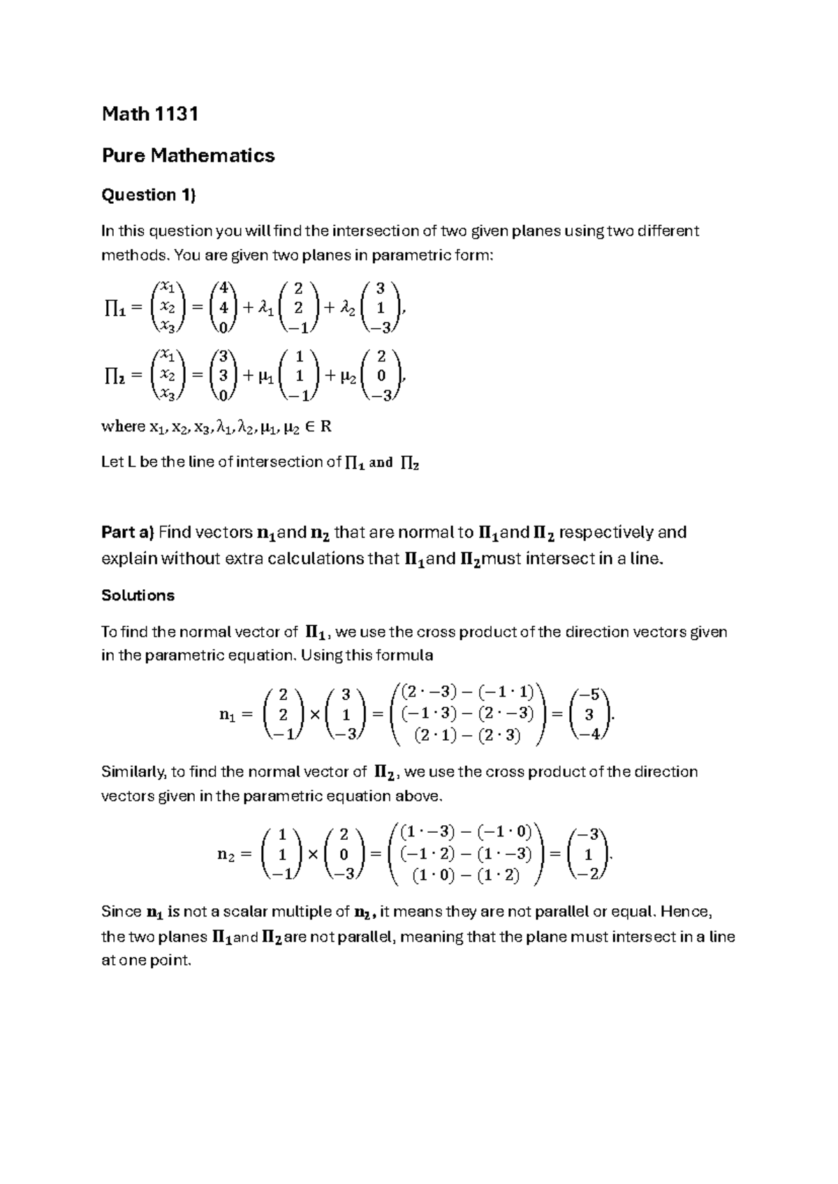 Math 1131 Pure Mathematics Assignment: Intersection of Planes and ...