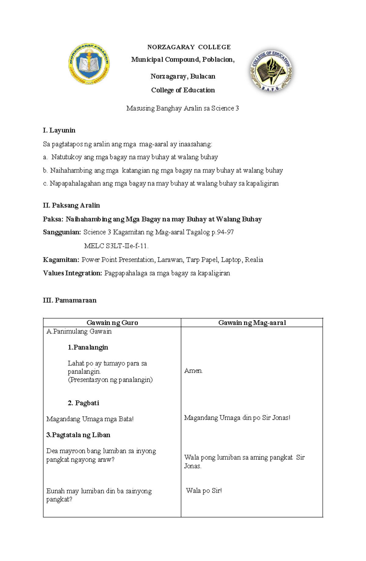 Sir jonas final lp - ELEMENTARY - NORZAGARAY COLLEGE Municipal Compound, Poblacion, Norzagaray ...