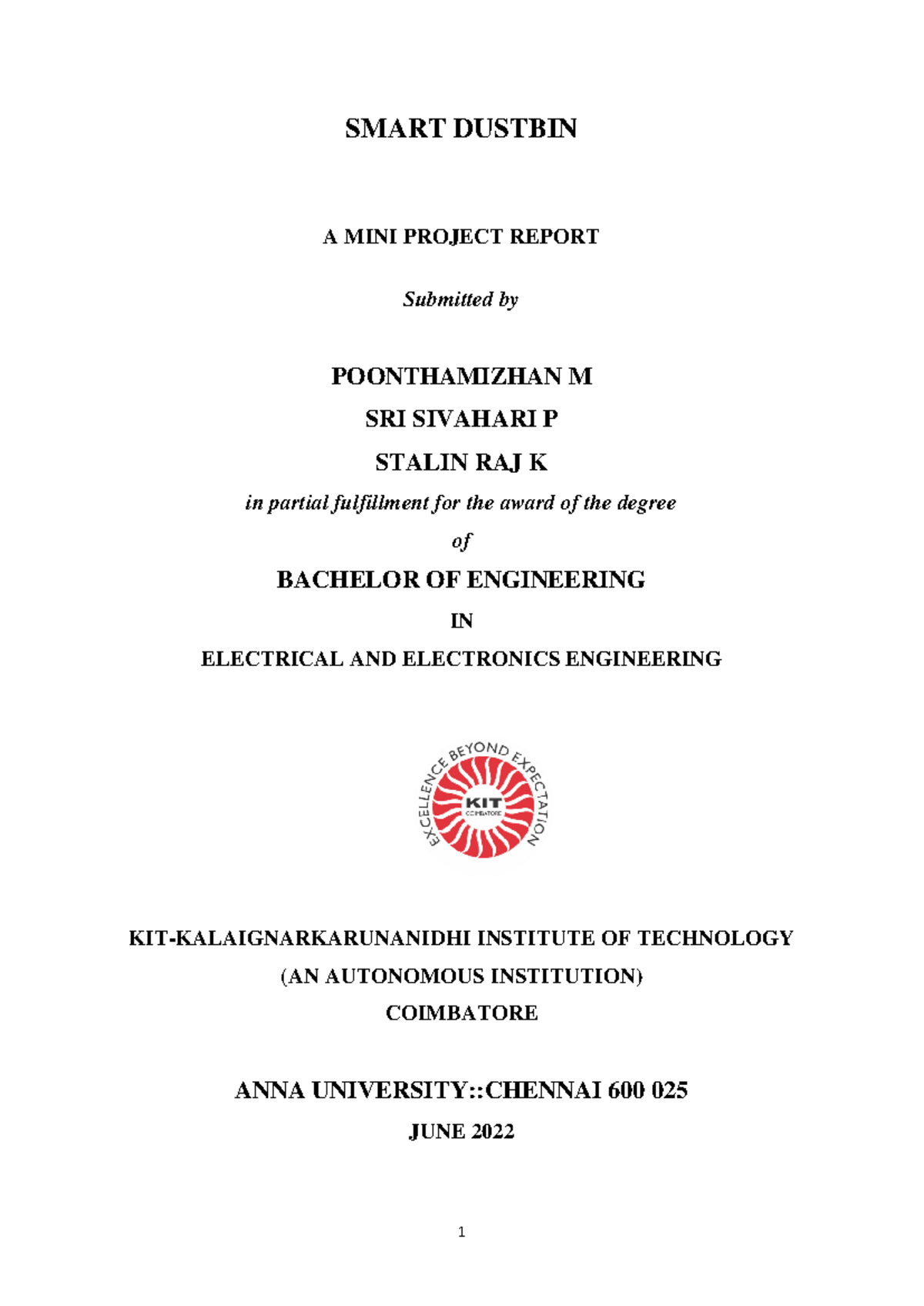 Smart Dustbin Project Report (B.E. EEE) - Arduino Based Design - Studocu