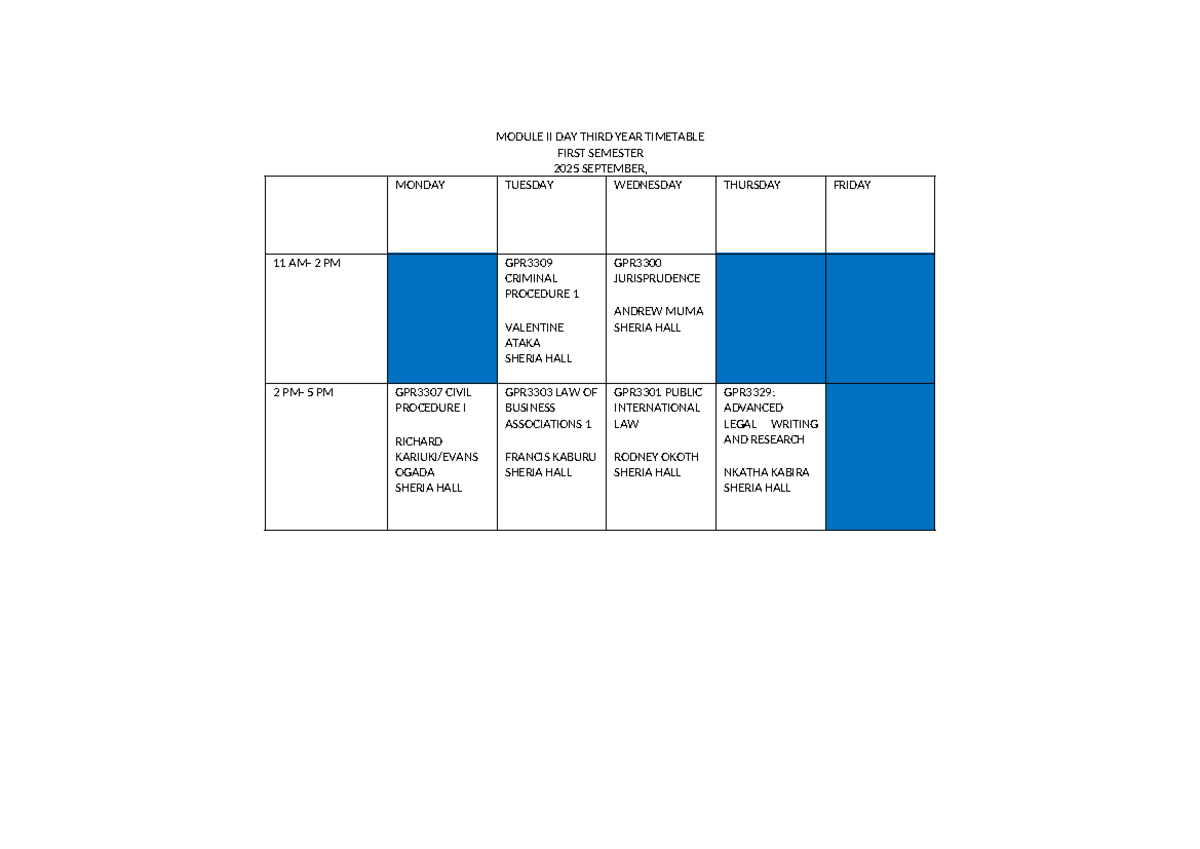 Module II DAY Third YEAR Timetable - LLB - UoN - Studocu