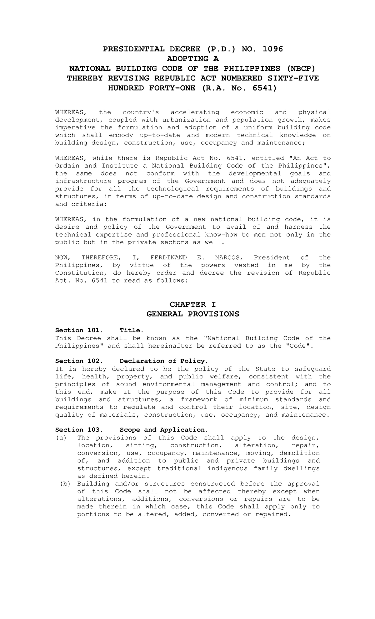 P.D. No. 1096: National Building Code of the Philippines Overview - Studocu