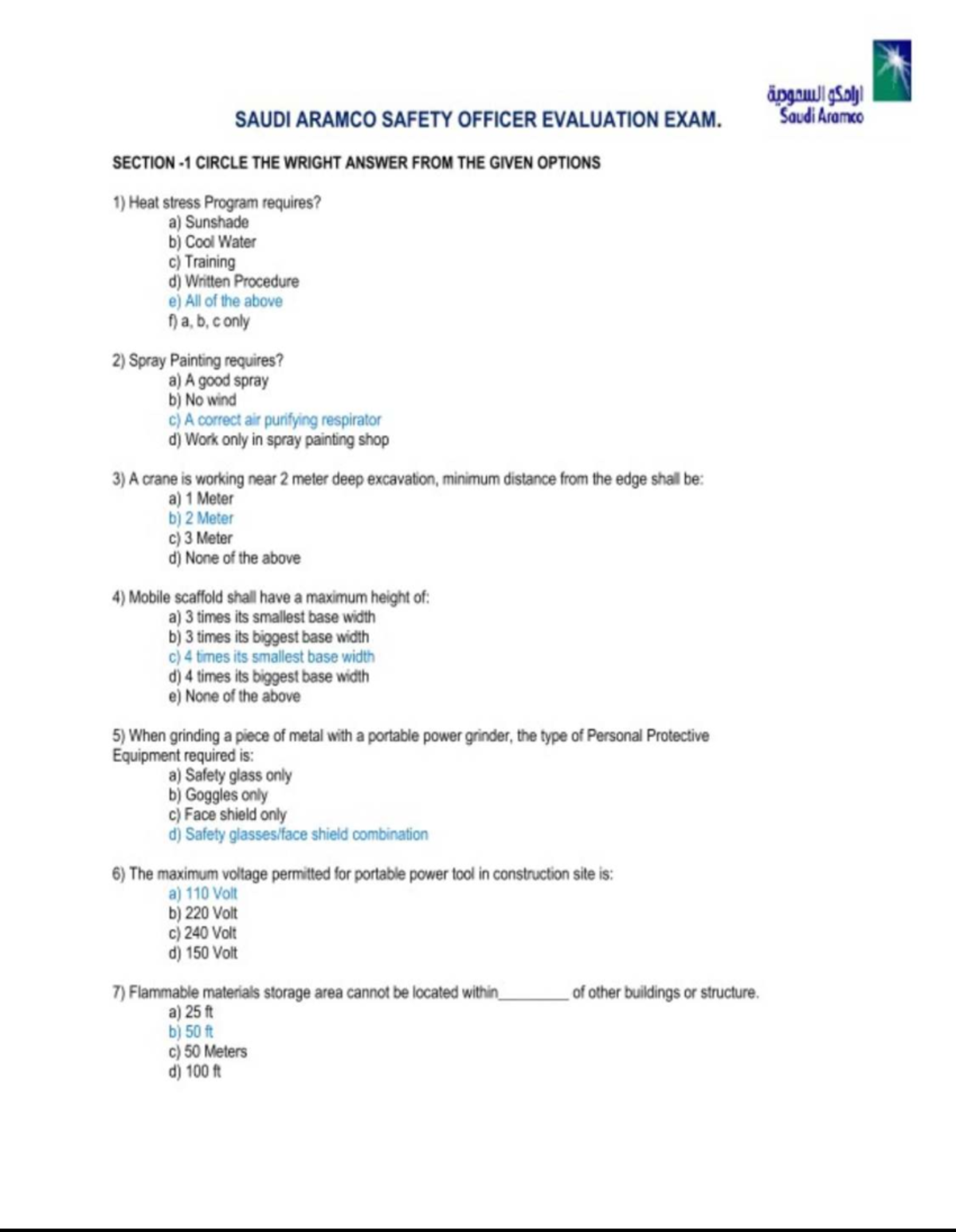 SAUDI ARAMCO Safety Officer Evaluation Exam Questions and Answers - Studocu