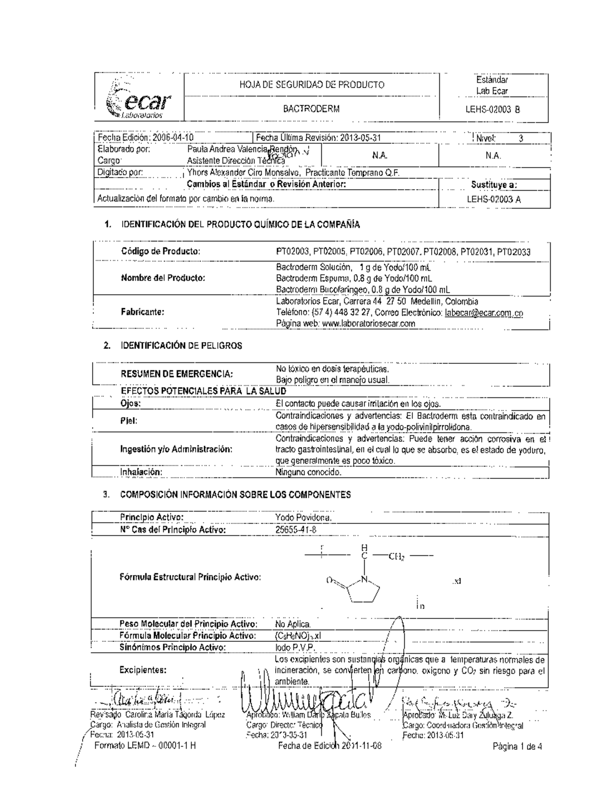 HOJA DE SEGURIDAD DE PRODUCTO Bactroderm Lab Ecar - Studocu