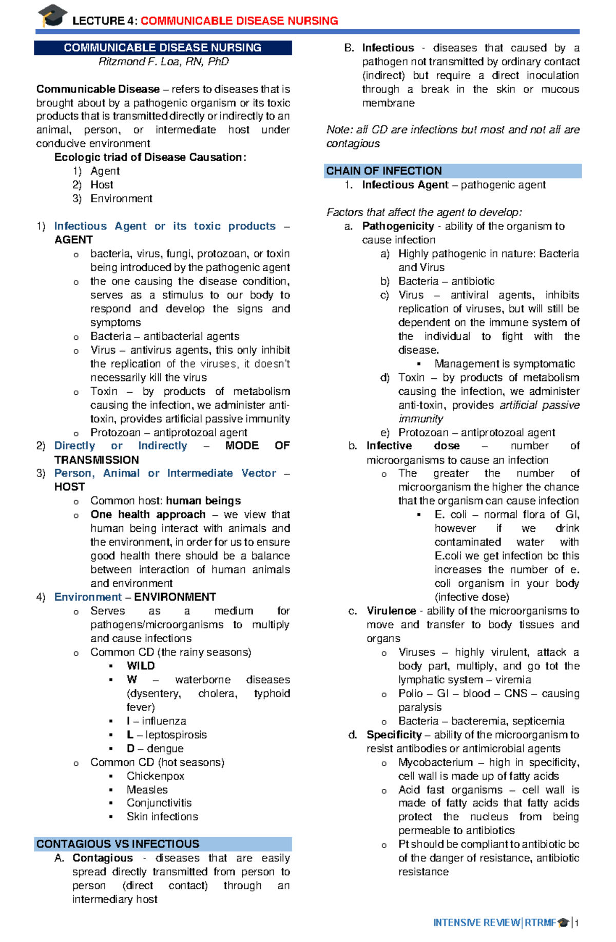 INTENSIVE LECTURE 4: COMMUNICABLE DISEASE NURSING REVIEW - Studocu