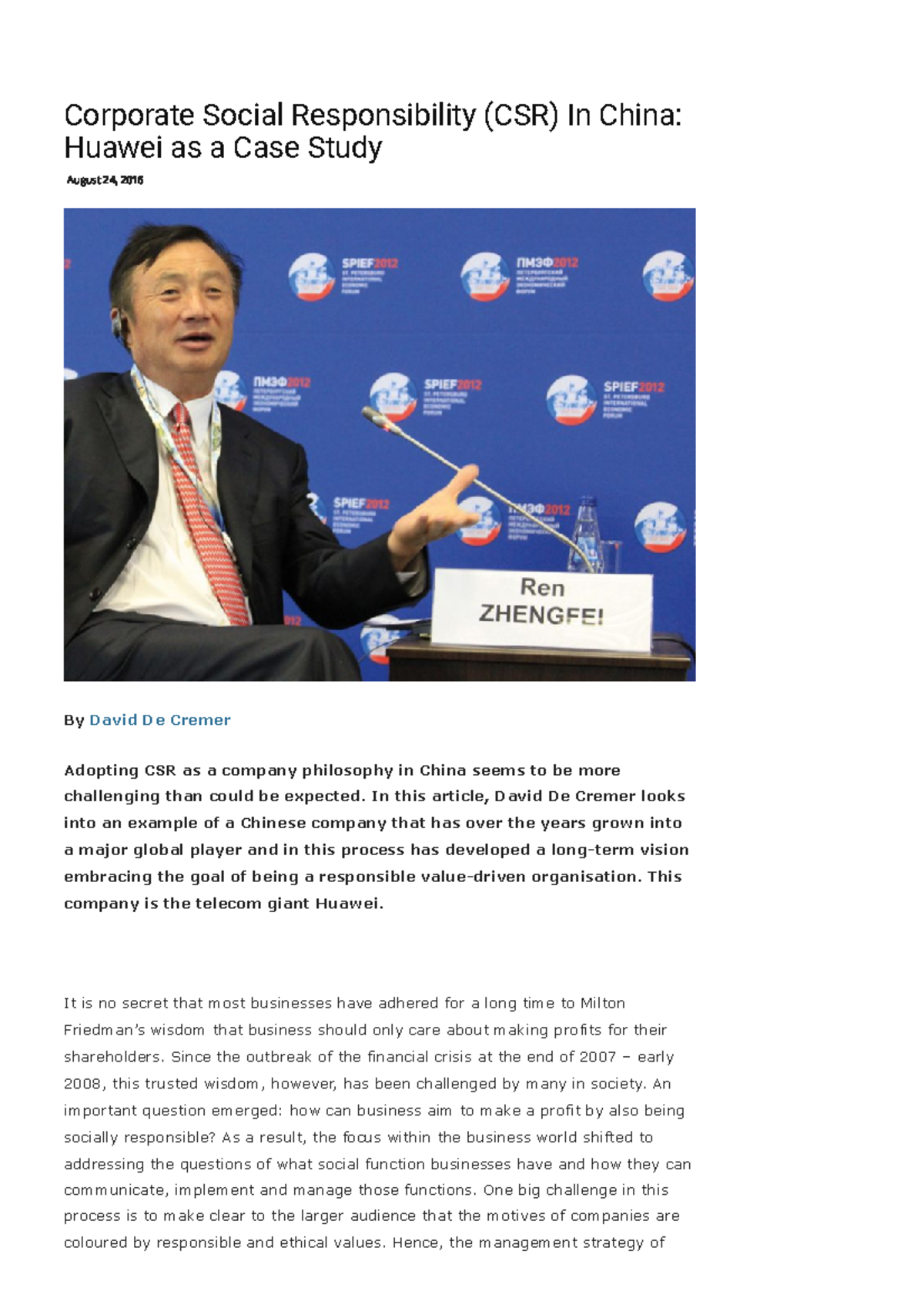 CSR in China: An Analysis of Huawei's Approach to Responsibility - Studocu