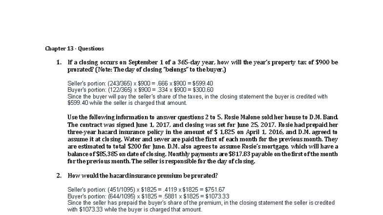 Chapter 13 & 14 Questions on Property Tax Proration and Closing ...