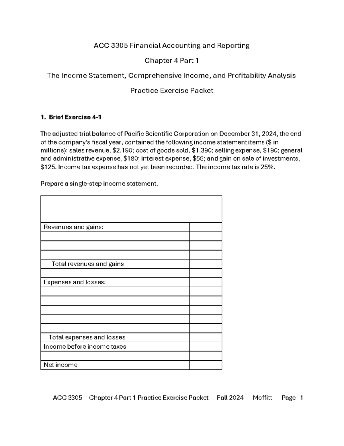 ACC 3305 Financial Accounting Chapter 4 Part 1 Practice Exercises Fall ...