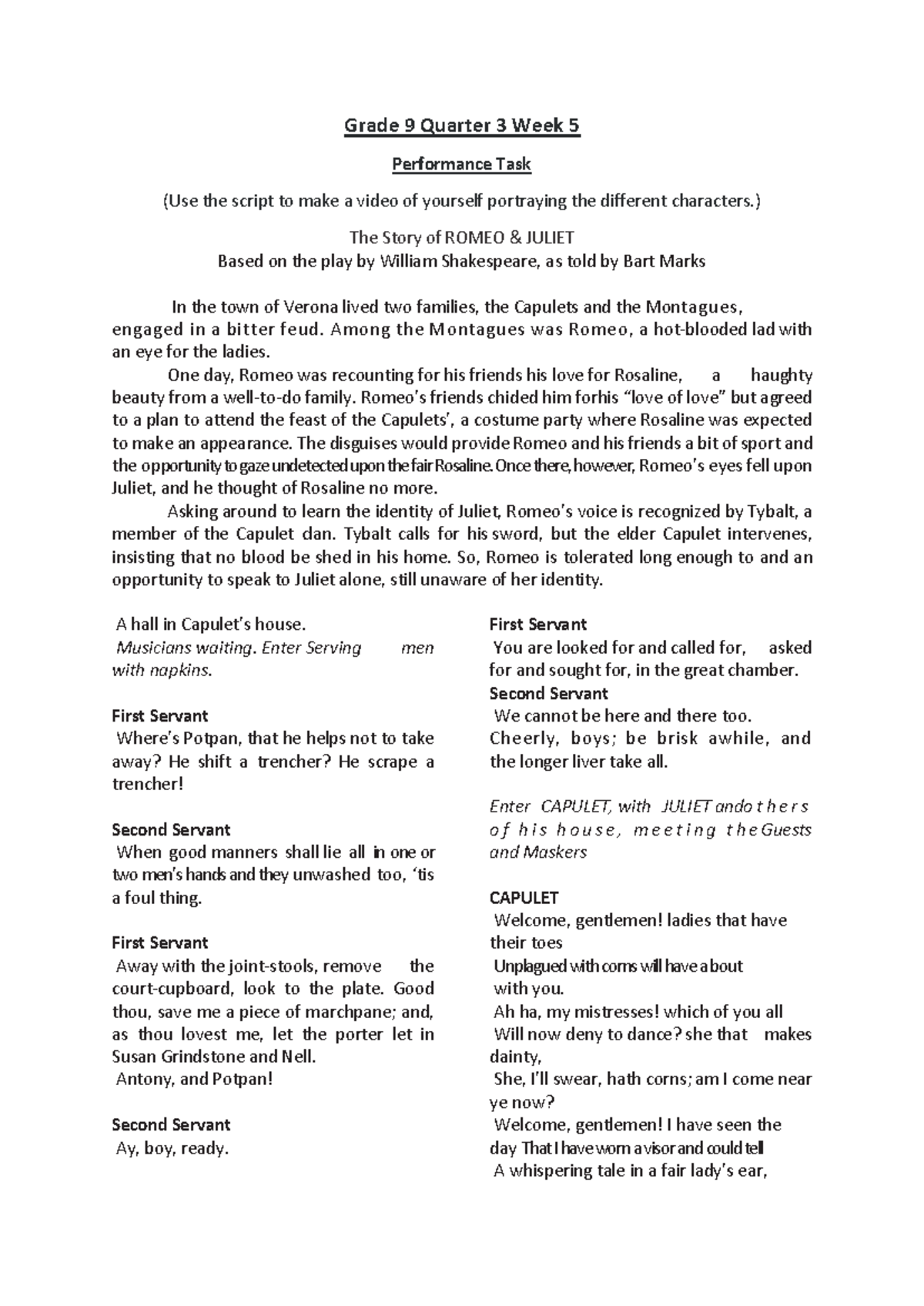 PT English 9 Q3 Wk5 - Performing in Romeo & Juliet Video Task - Studocu
