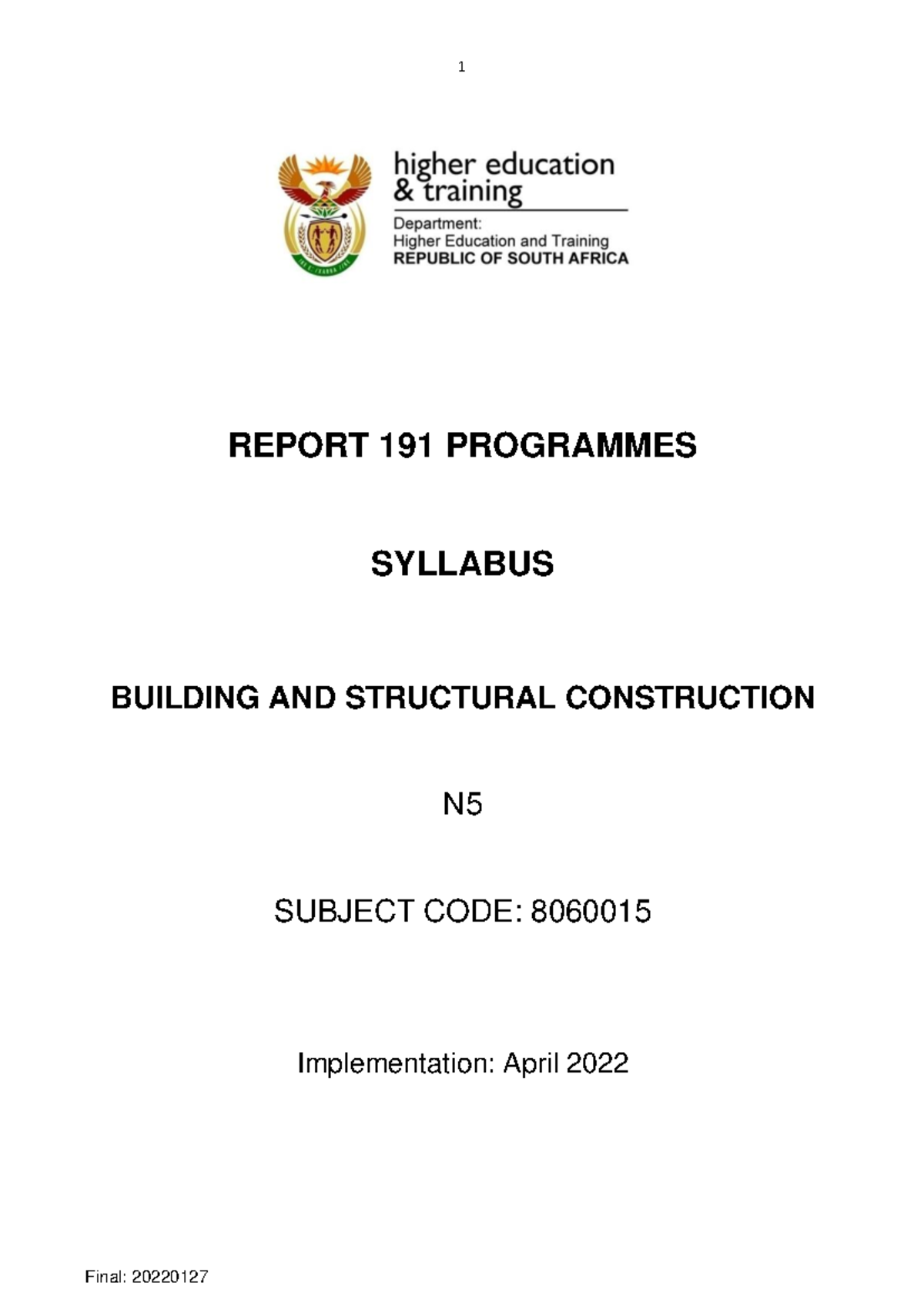 N5 Final Exam Syllabus: Building and Structural Construction 8060015 ...