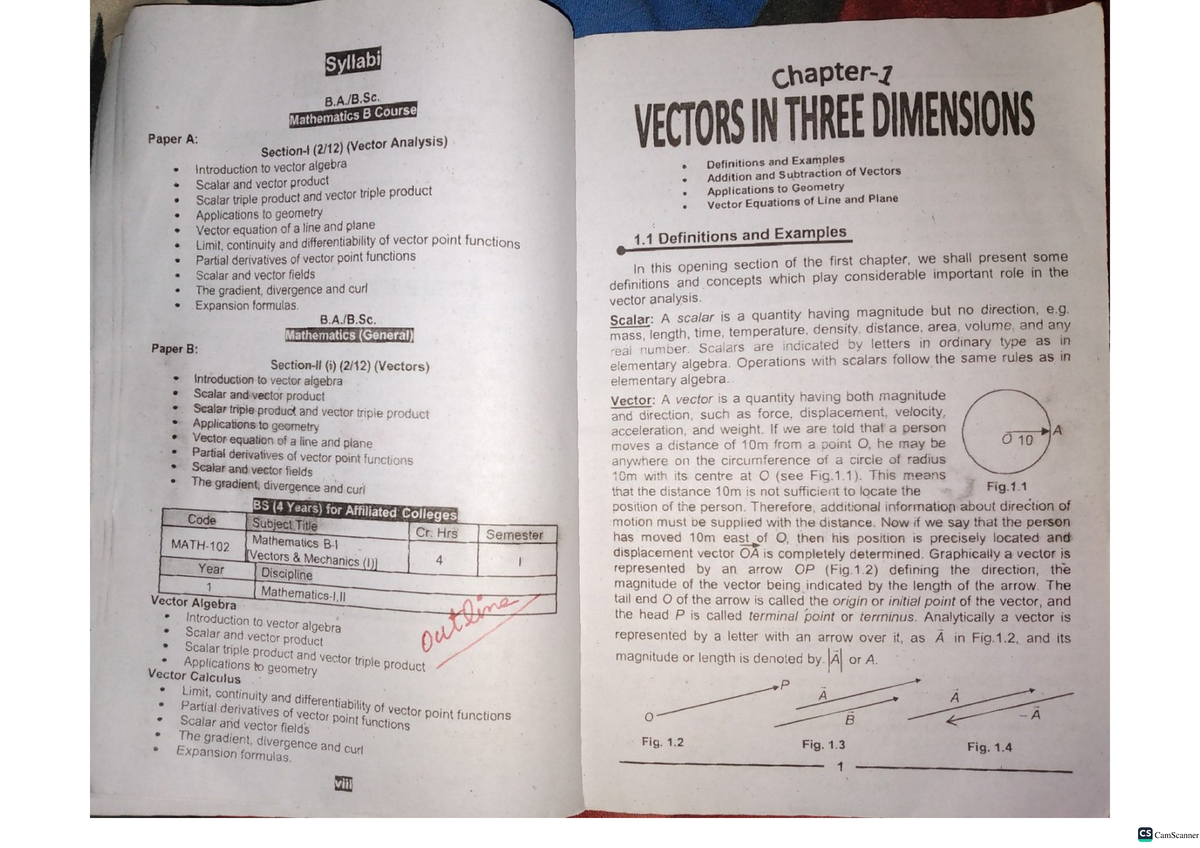 Vector Analysis by ZR Bhatti - Syllabi Mathematics B Course Paper A: (Vector Analysis) VECTORS ...